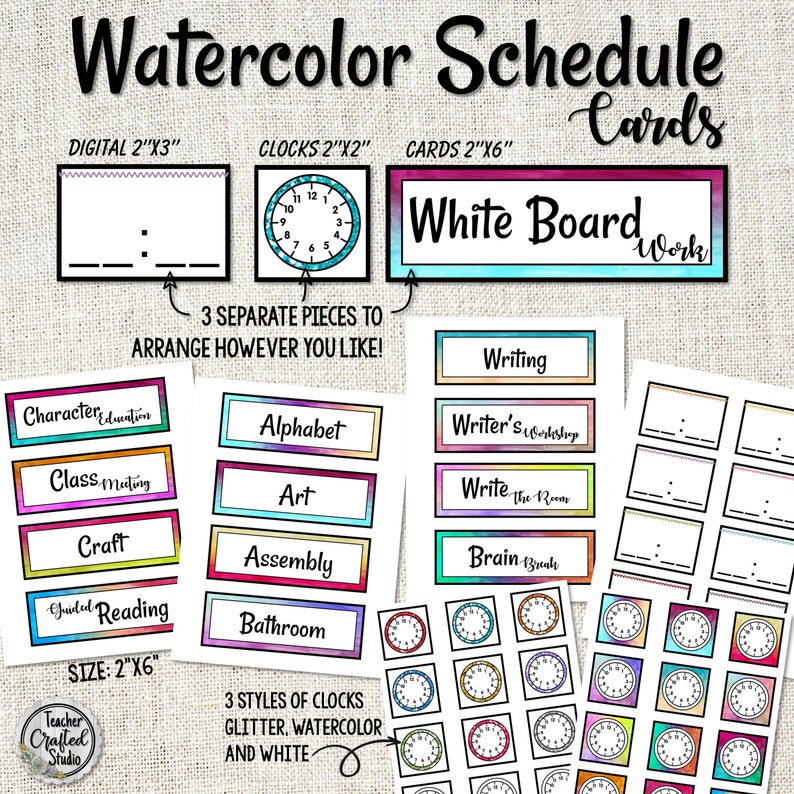 Rainbow Watercolor Schedule Cards and Time Watercolor Classroom Decor ...
