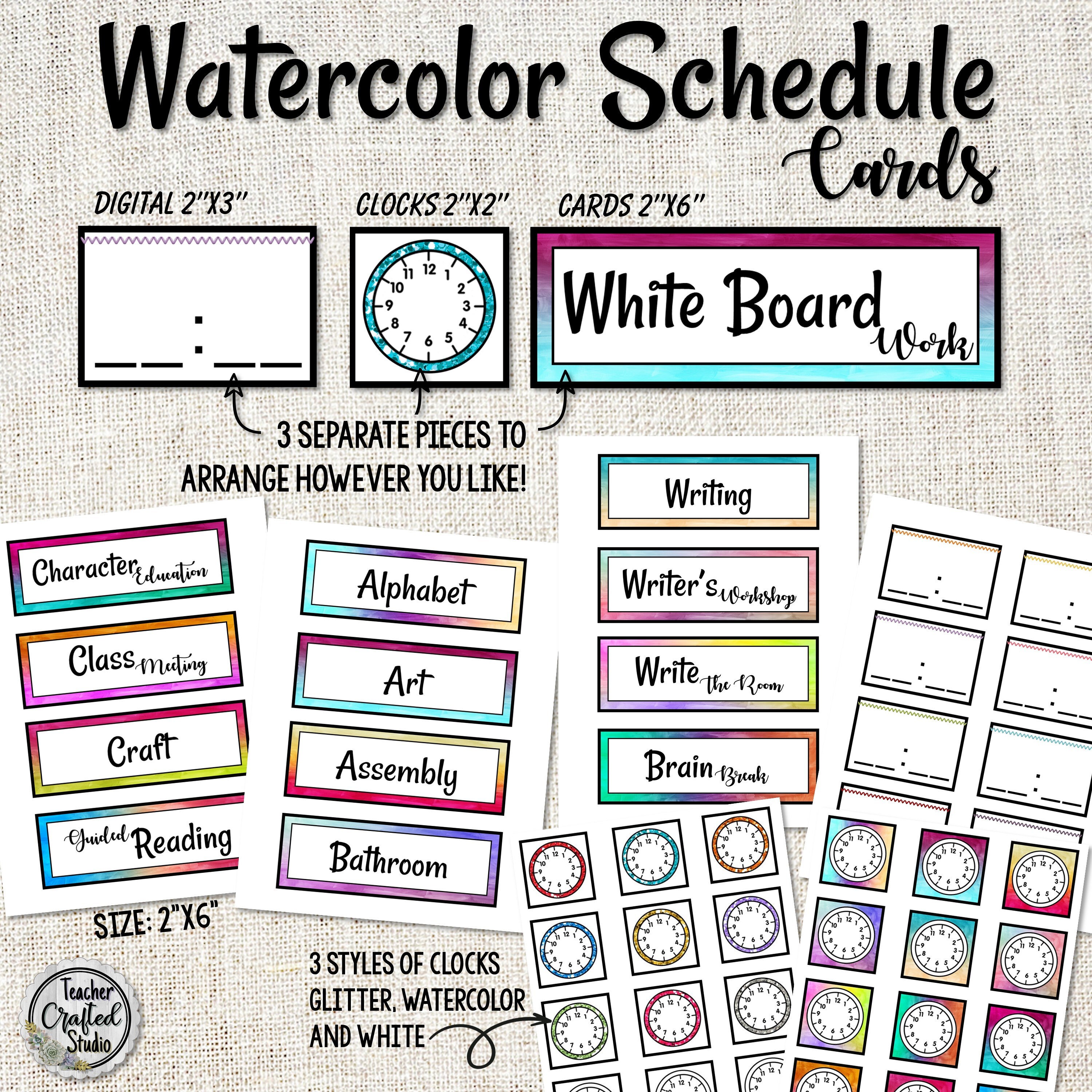 Rainbow Watercolor Schedule Cards and Time Watercolor Classroom Decor ...