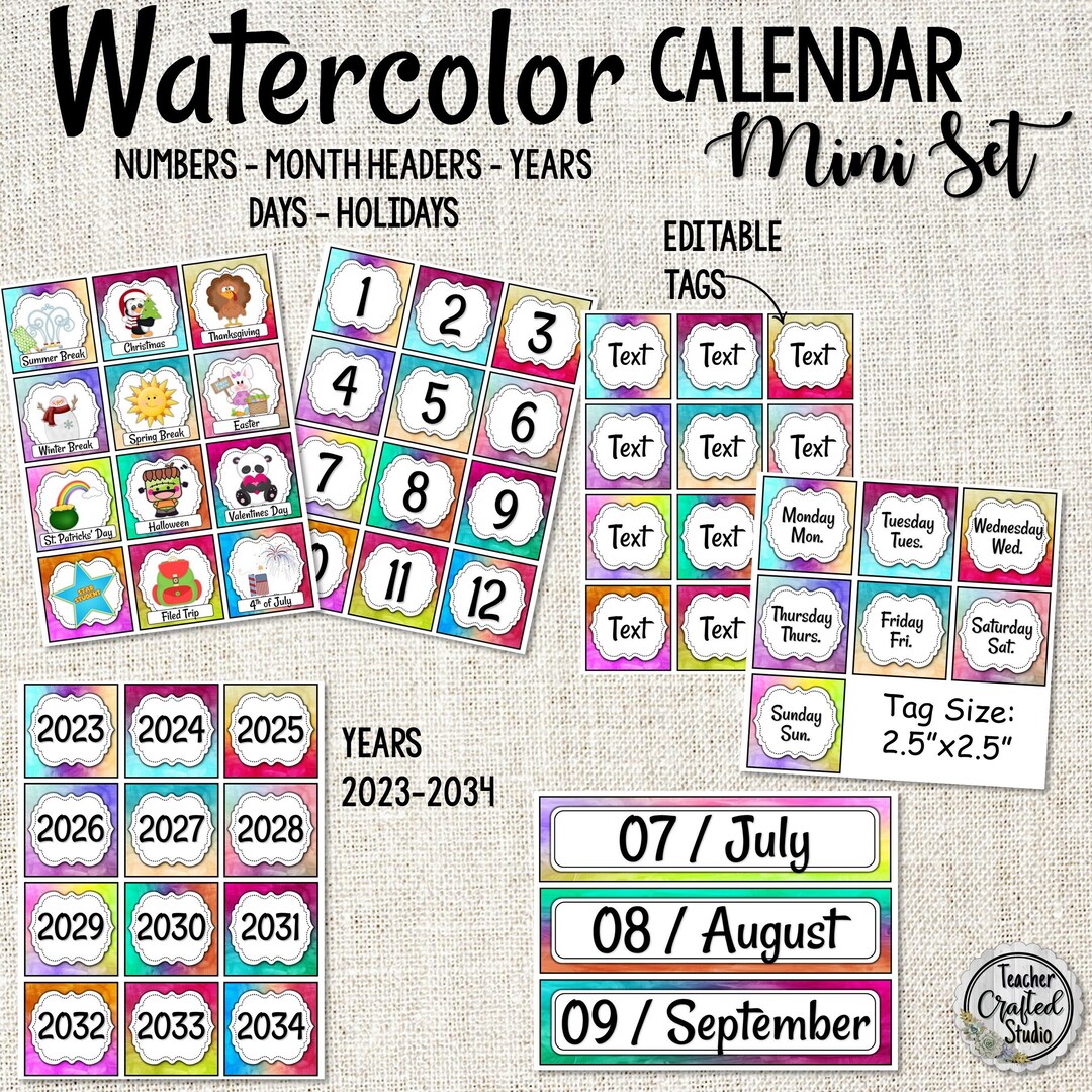 Watercolor Mini Calendar Set | Classroom Calendar | Pocket Calendar - Etsy