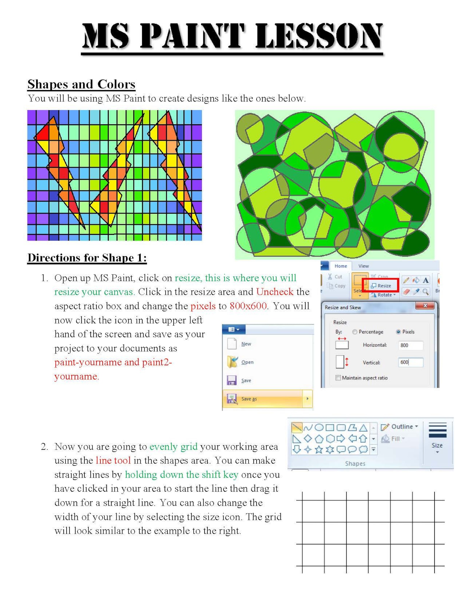 Distance Learning MS Paint Lesson and Vocab - Creating Shapes With ...