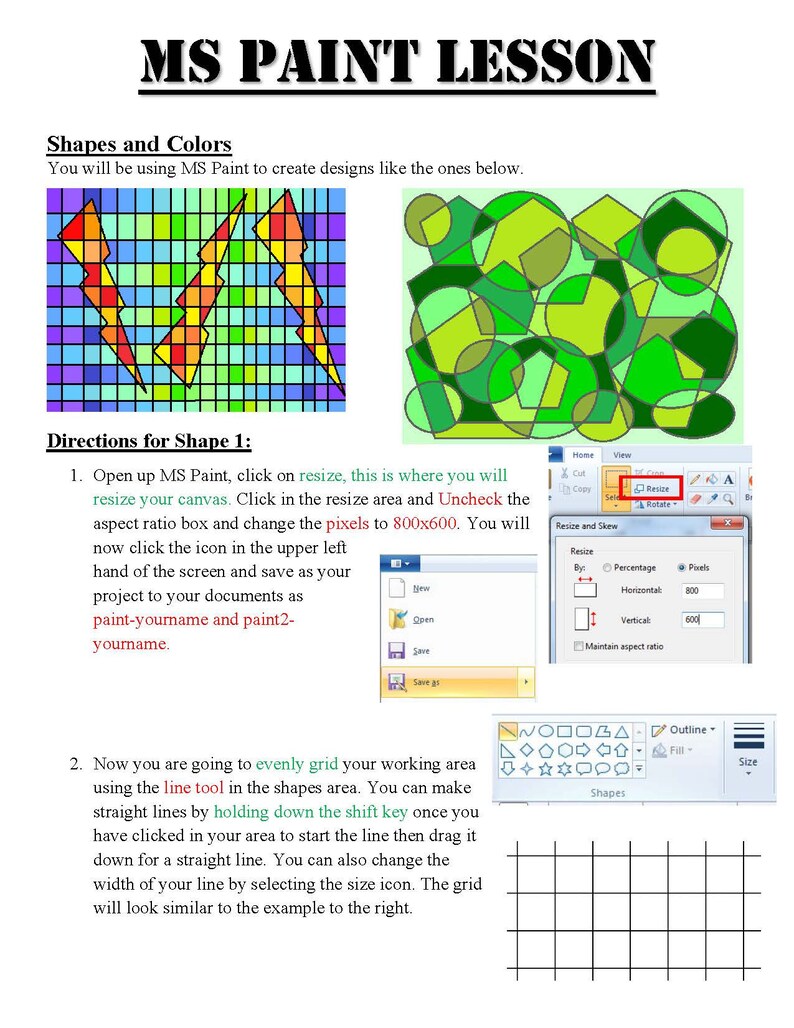 Distance Learning MS Paint Lesson and Vocab - Creating Shapes With ...
