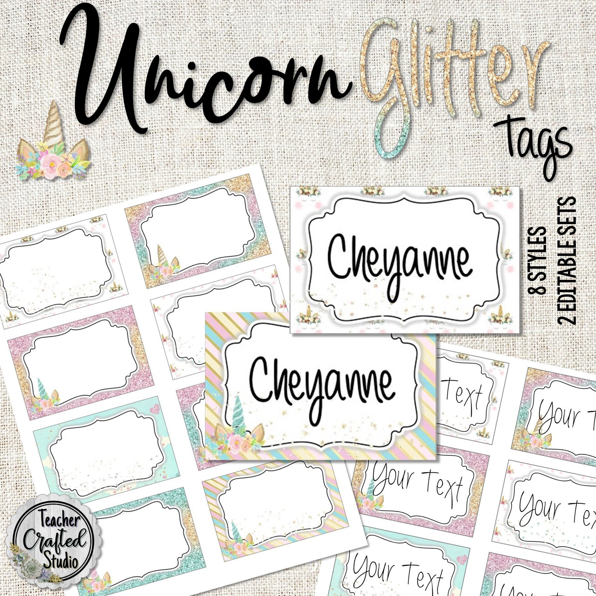 Printable Unicorn Glitter Tags - Editable Organizational Tags ...