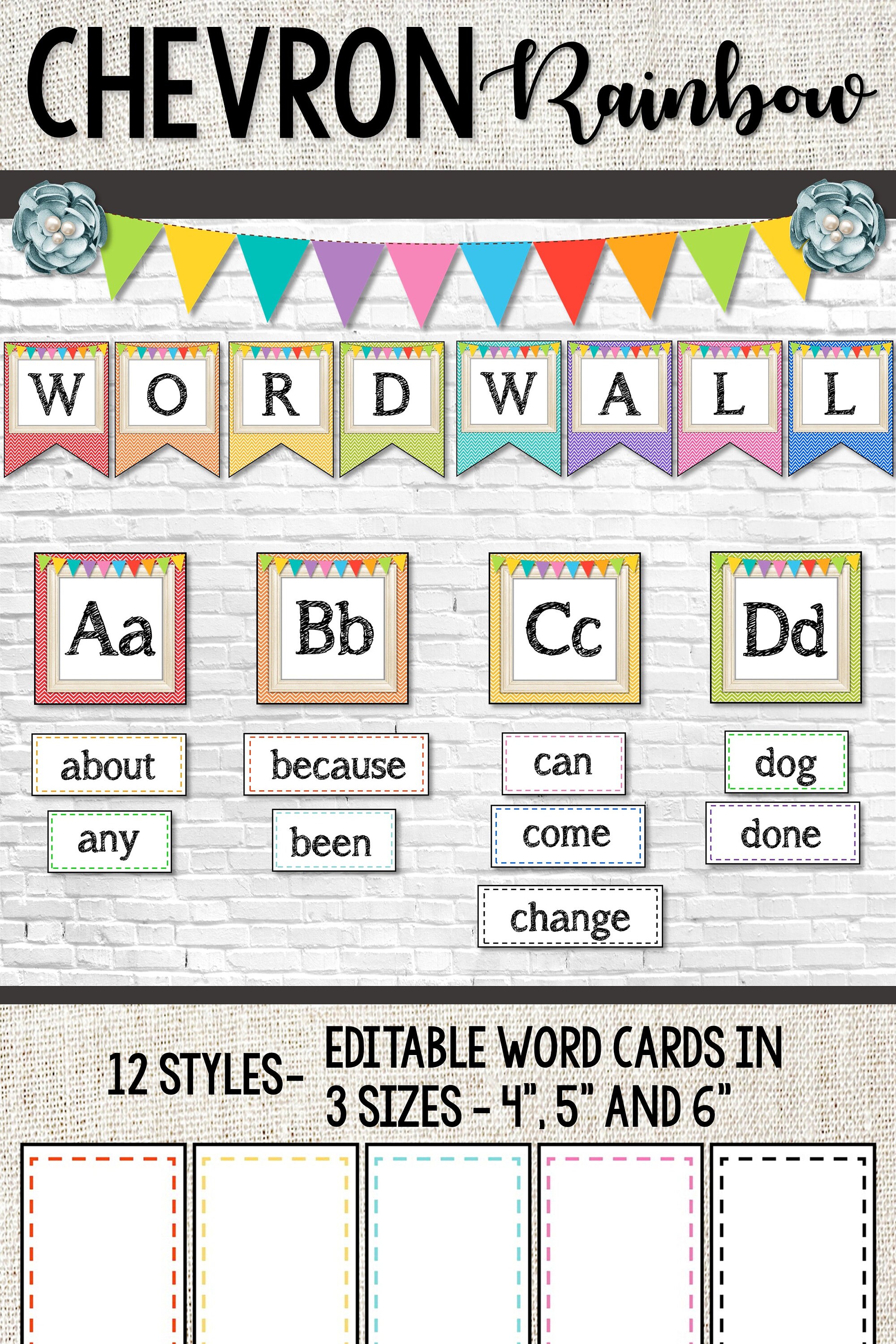 Rainbow Chevron Word Wall Classroom Set Banner and Editable Cards ...