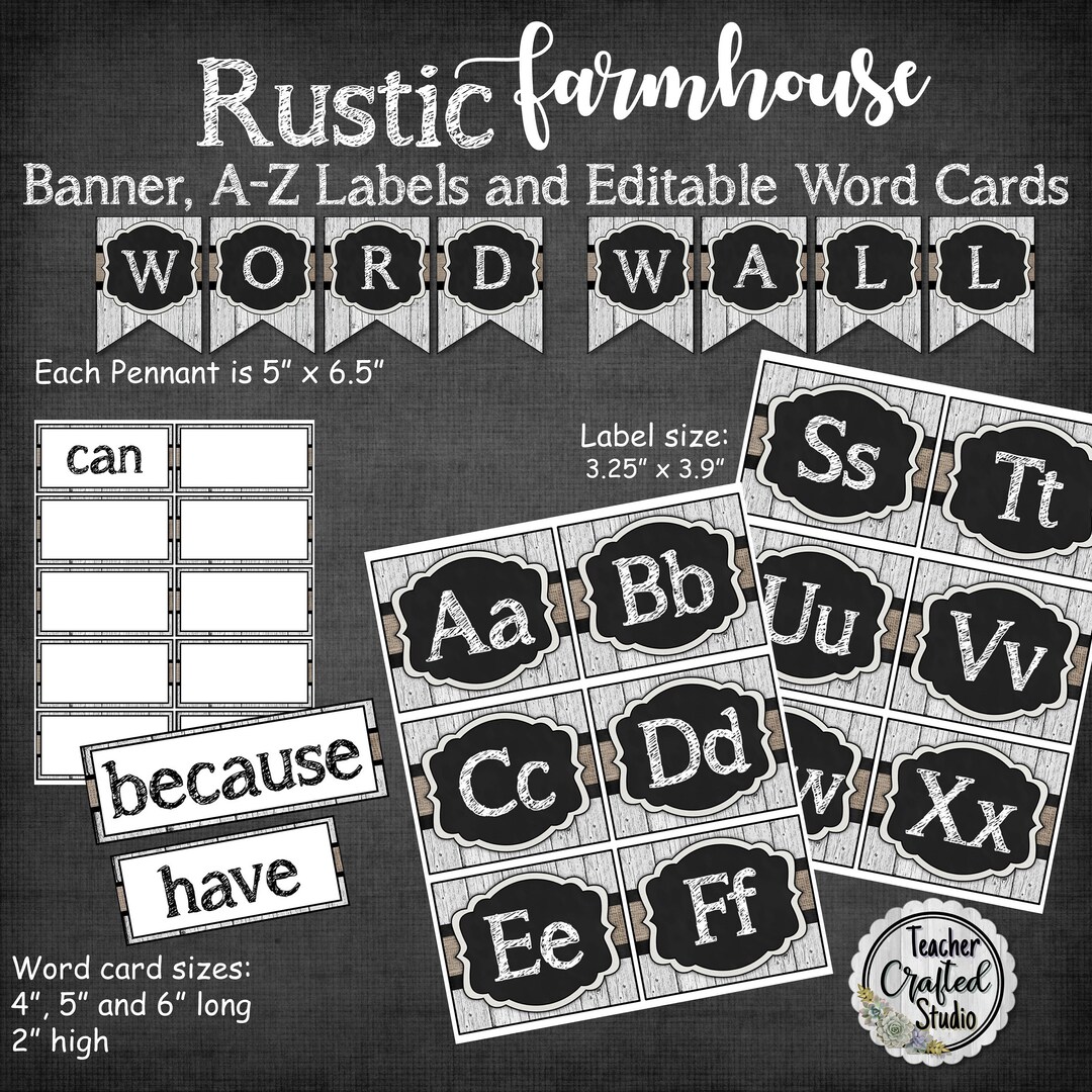 Rustic Farmhouse Classroom Word Wall Set | Banner and Editable Cards ...