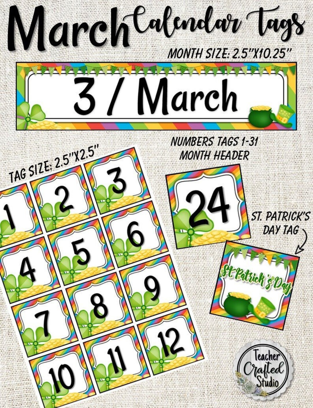 Printable March Calendar Tag Set - Calendar Number Tags - St. Patricks ...