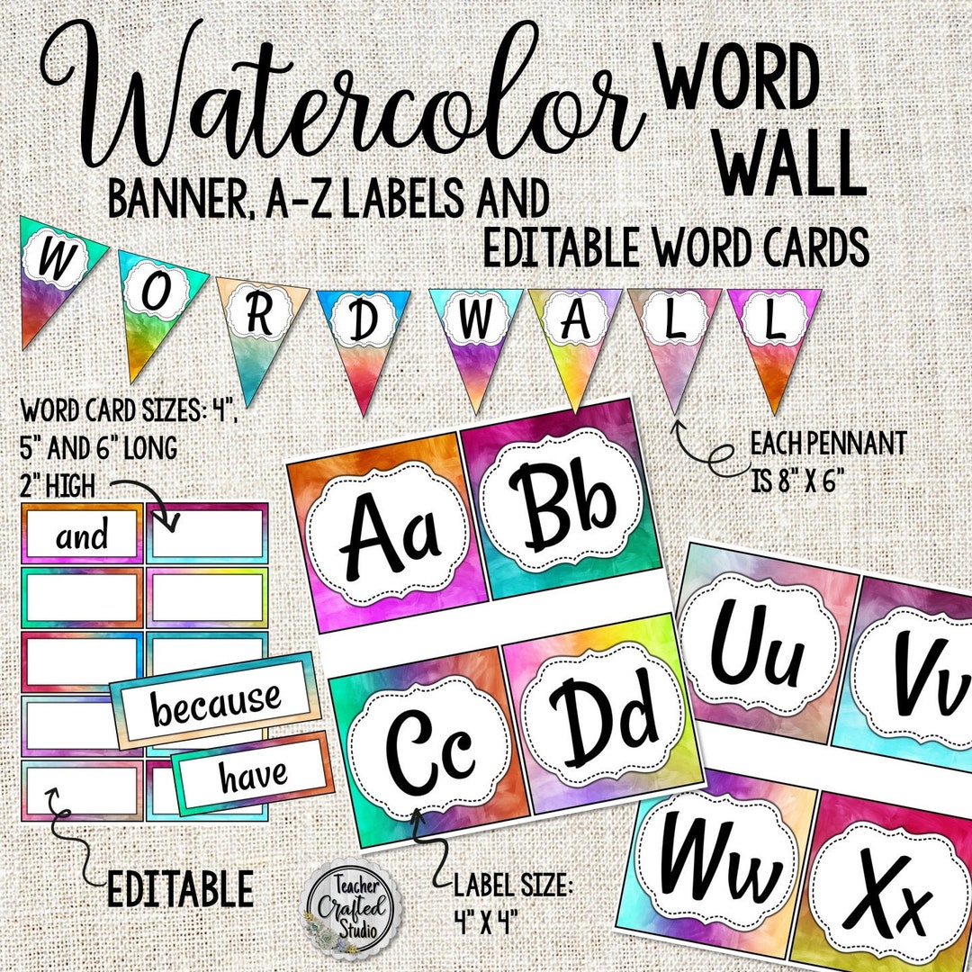 Watercolor Classroom Decor Word Wall Set | Banner and Editable Cards ...