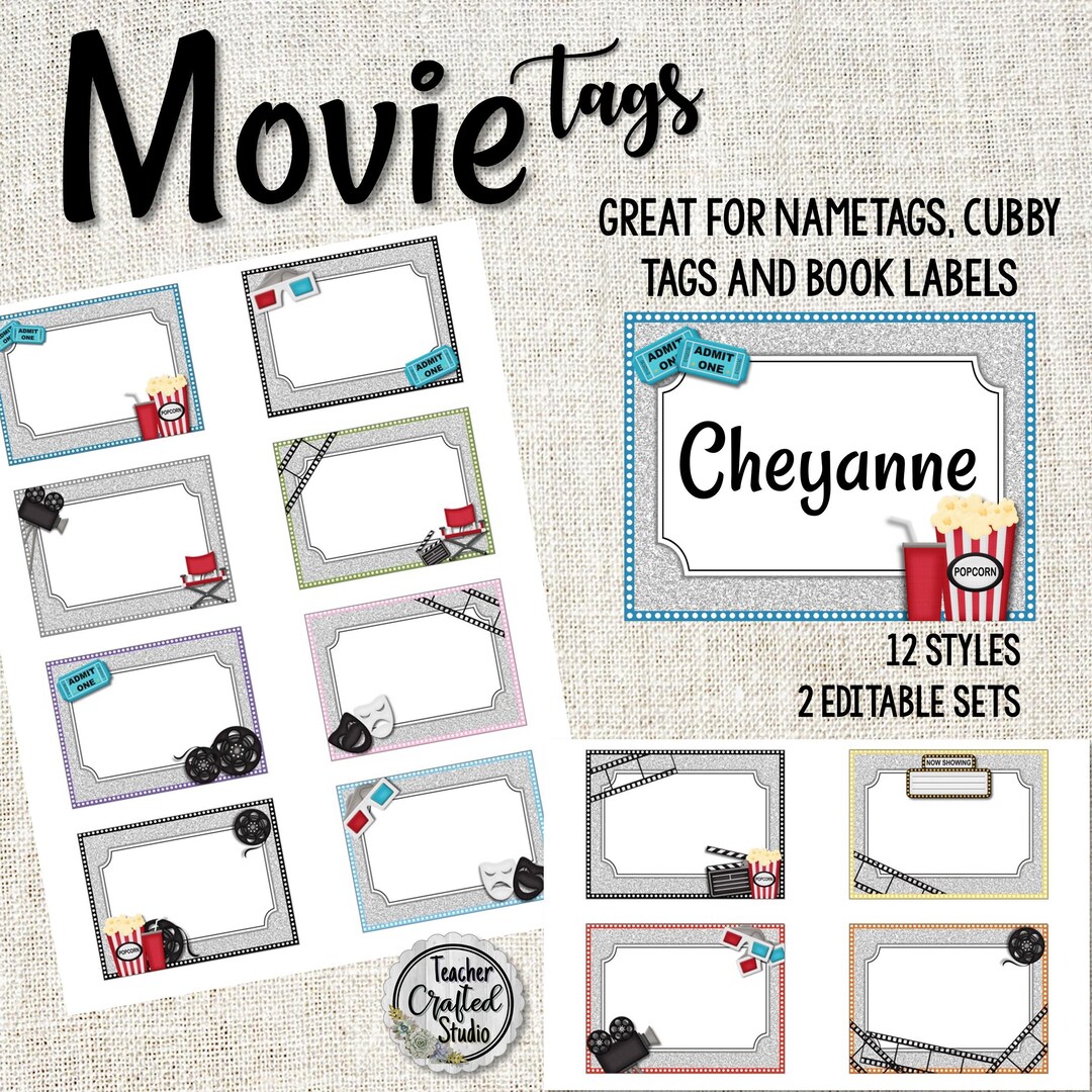 Printable Movie Classroom Tags - Editable Name and Cubby Labels (PDF ...