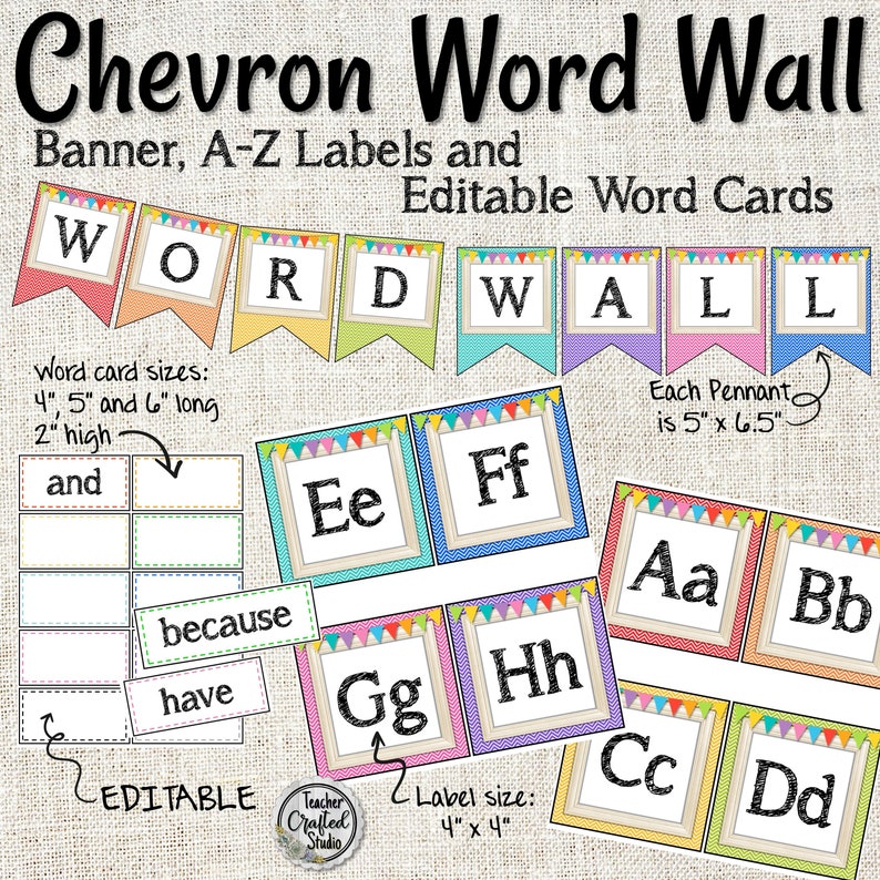 Rainbow Chevron Word Wall Classroom Set Banner and Editable Cards ...