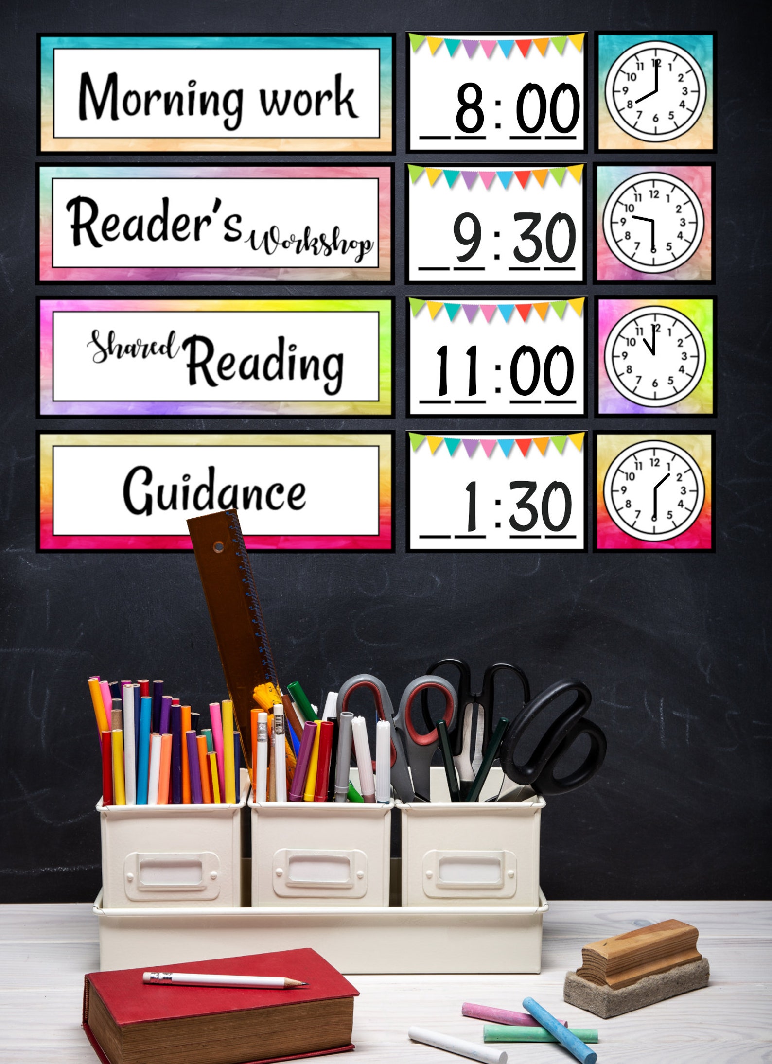 Rainbow Watercolor Schedule Cards and Time | Watercolor Classroom Decor ...