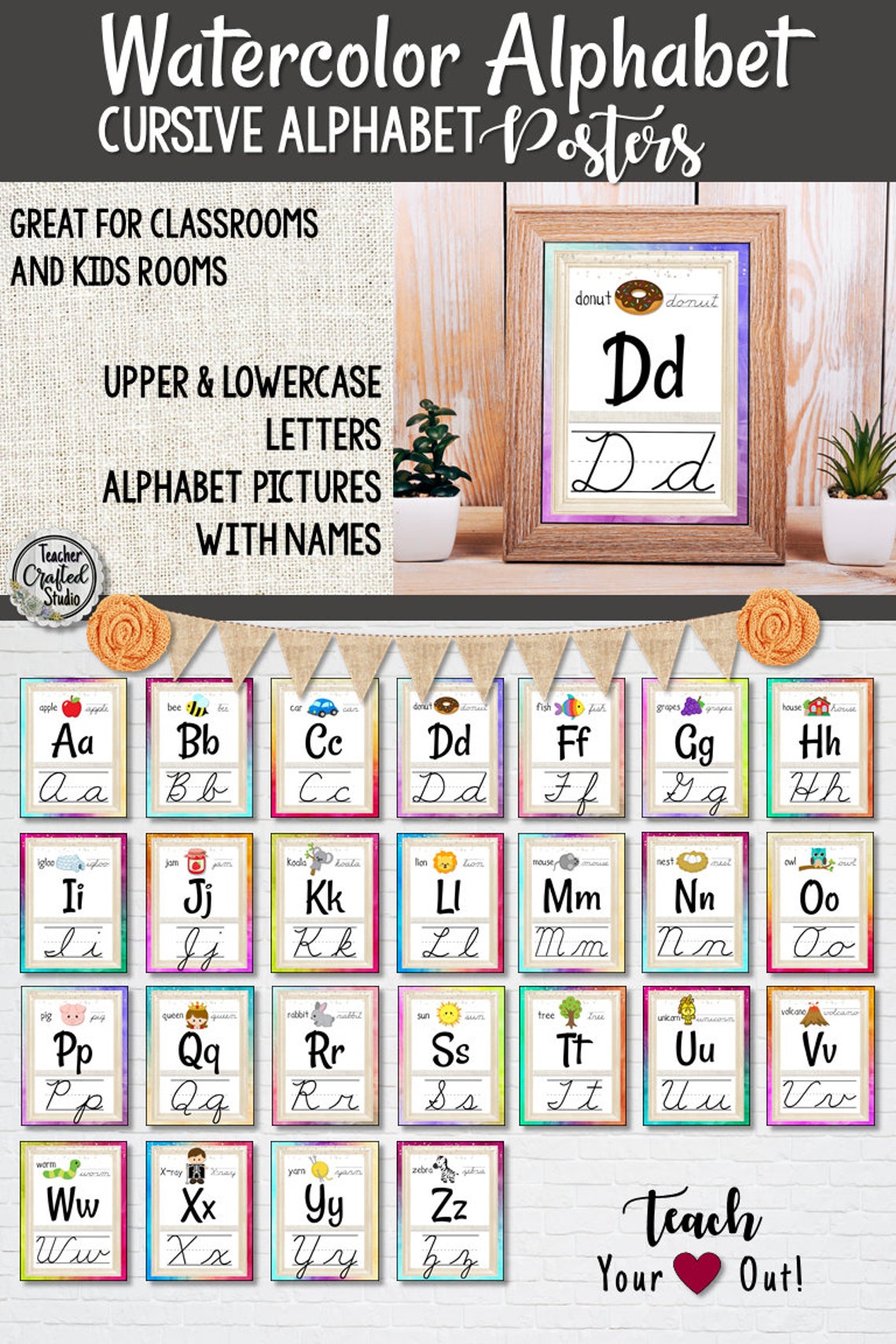 Watercolor Decor Block and Cursive Alphabet Posters | Alphabet Images ...