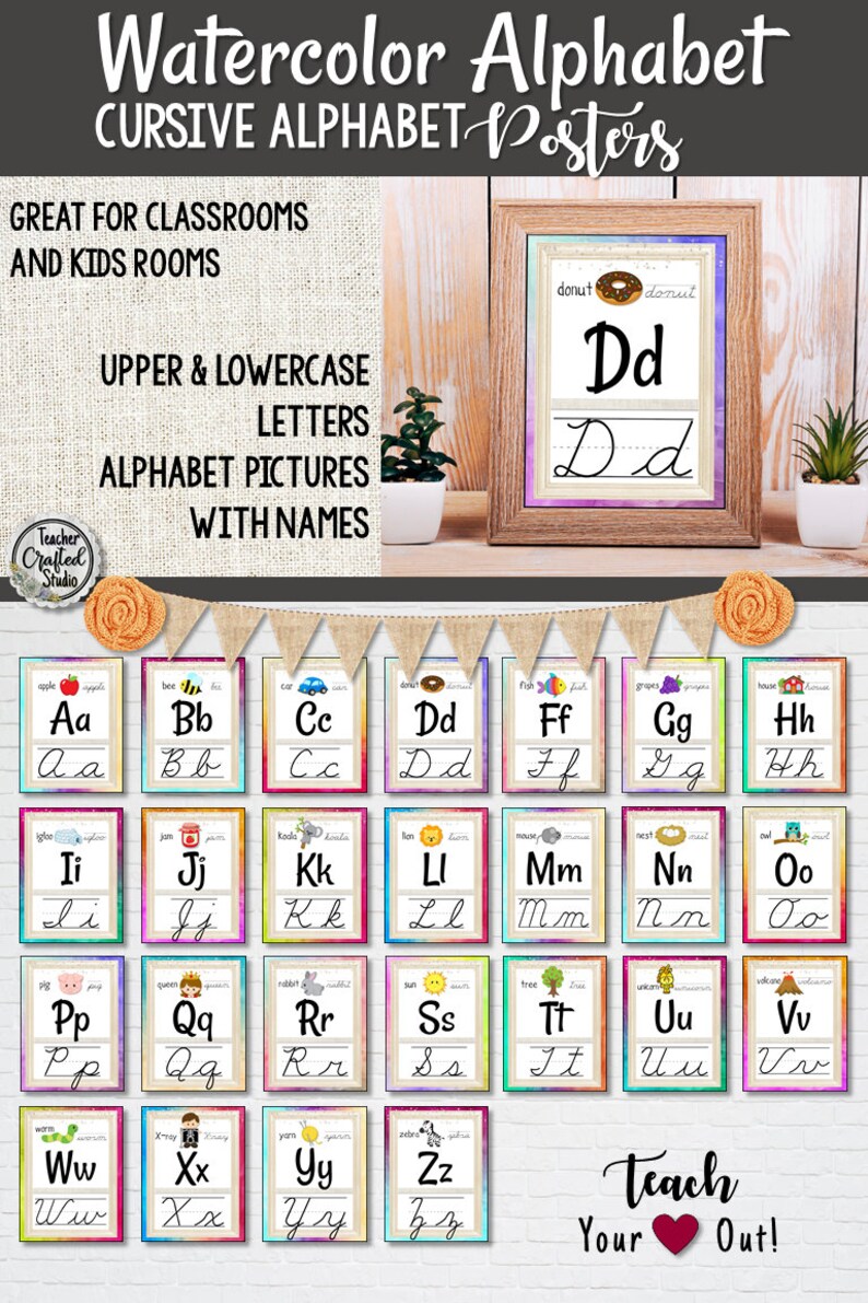Watercolor Decor Block and Cursive Alphabet Posters | Alphabet Images ...