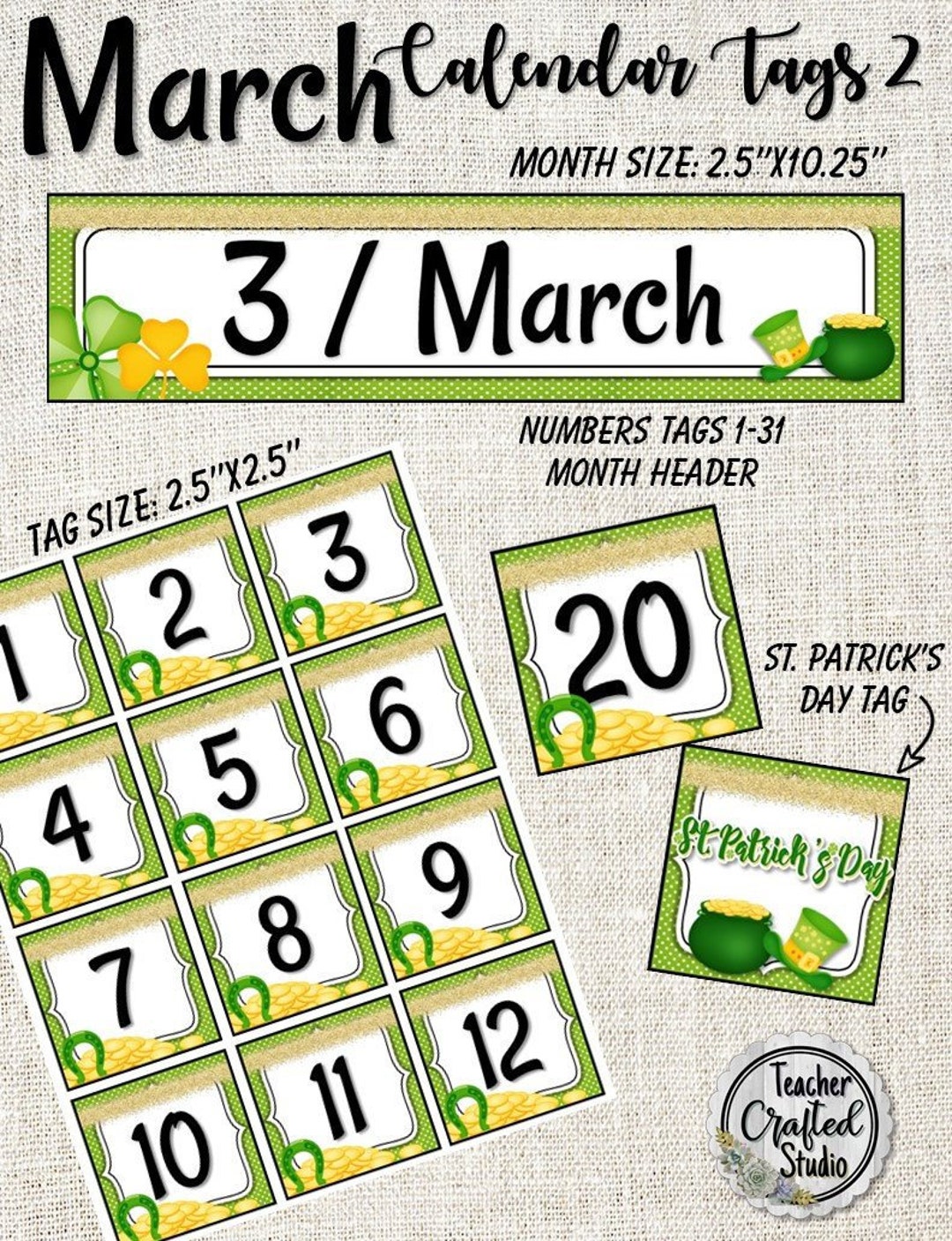 Printable March Calendar Tag Set - Calendar Number Tags - St. Patricks ...