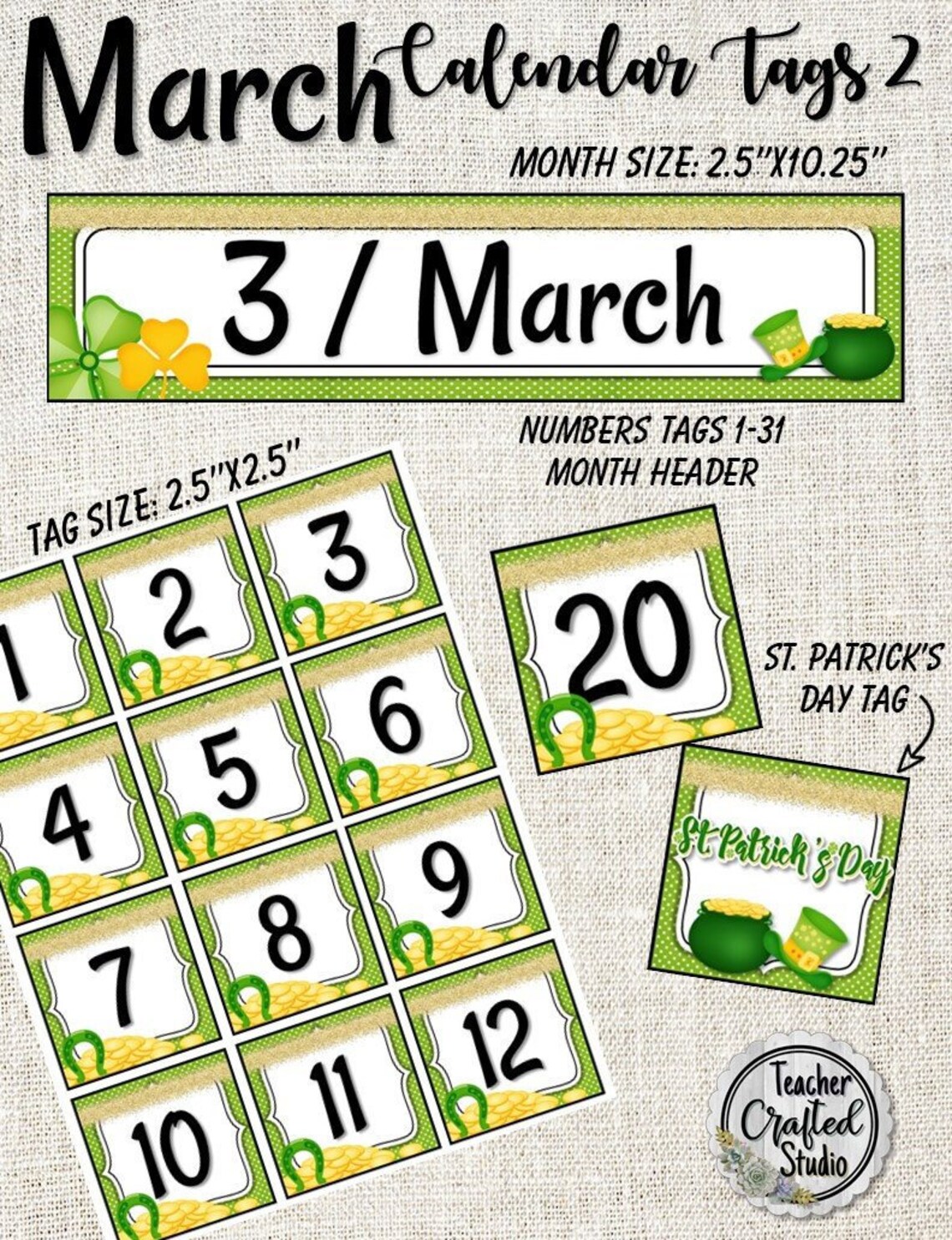 Printable March Calendar Tag Set - Calendar Number Tags - St. Patricks ...