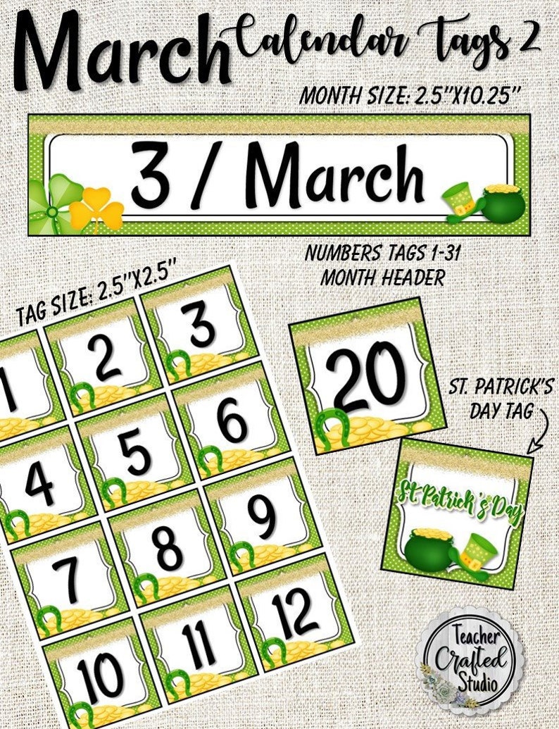 Printable March Calendar Tag Set Calendar Number Tags St. | Etsy
