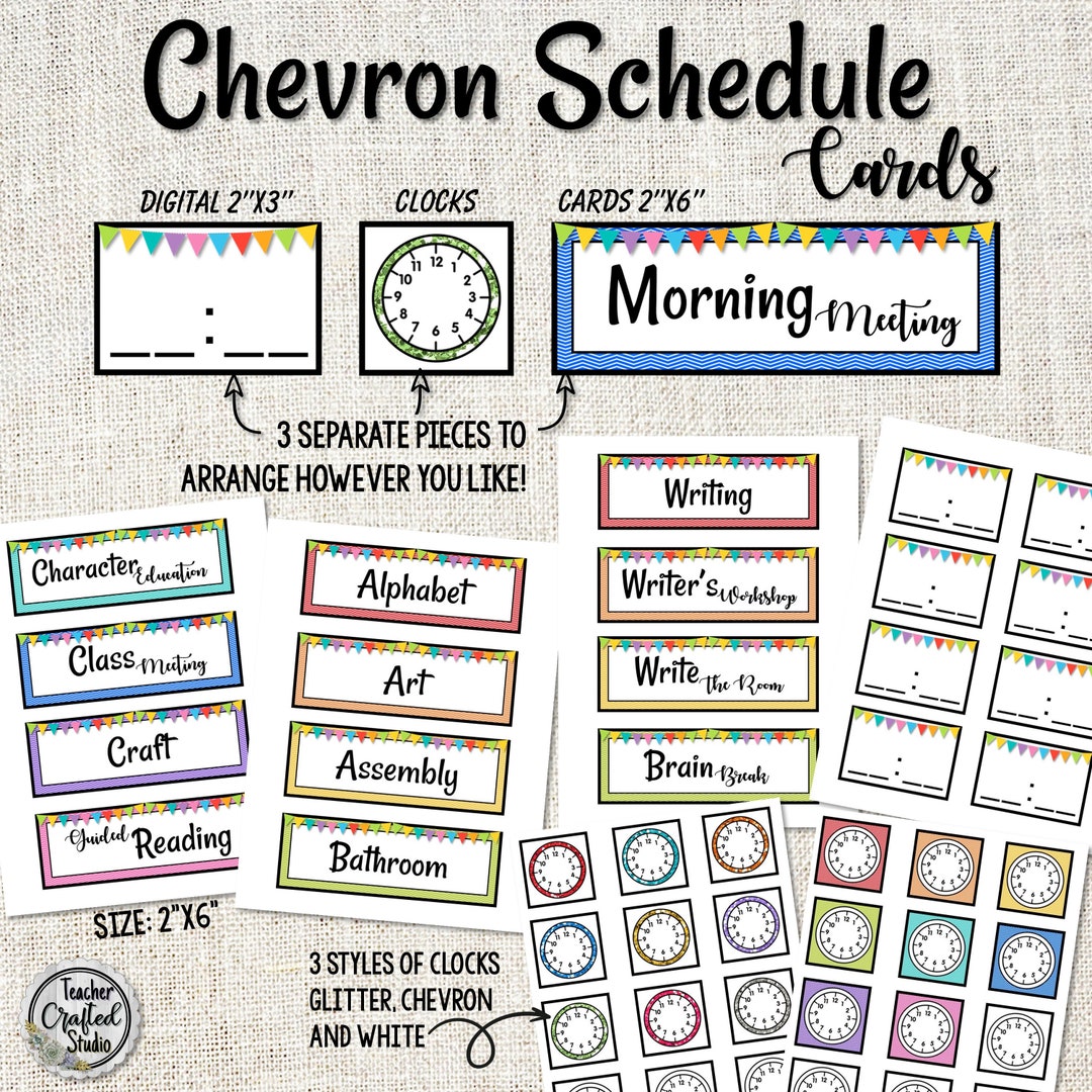 Rainbow Chevron Schedule Cards and Times - Editable Classroom Schedule ...