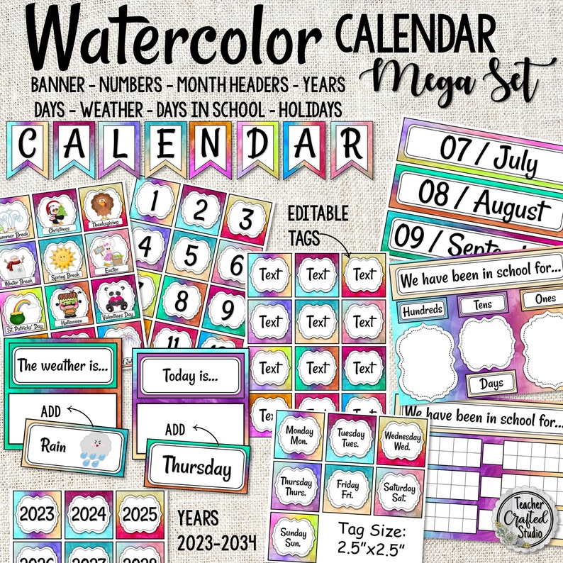Watercolor Mega Calendar Set Classroom Calendar Pocket - Etsy