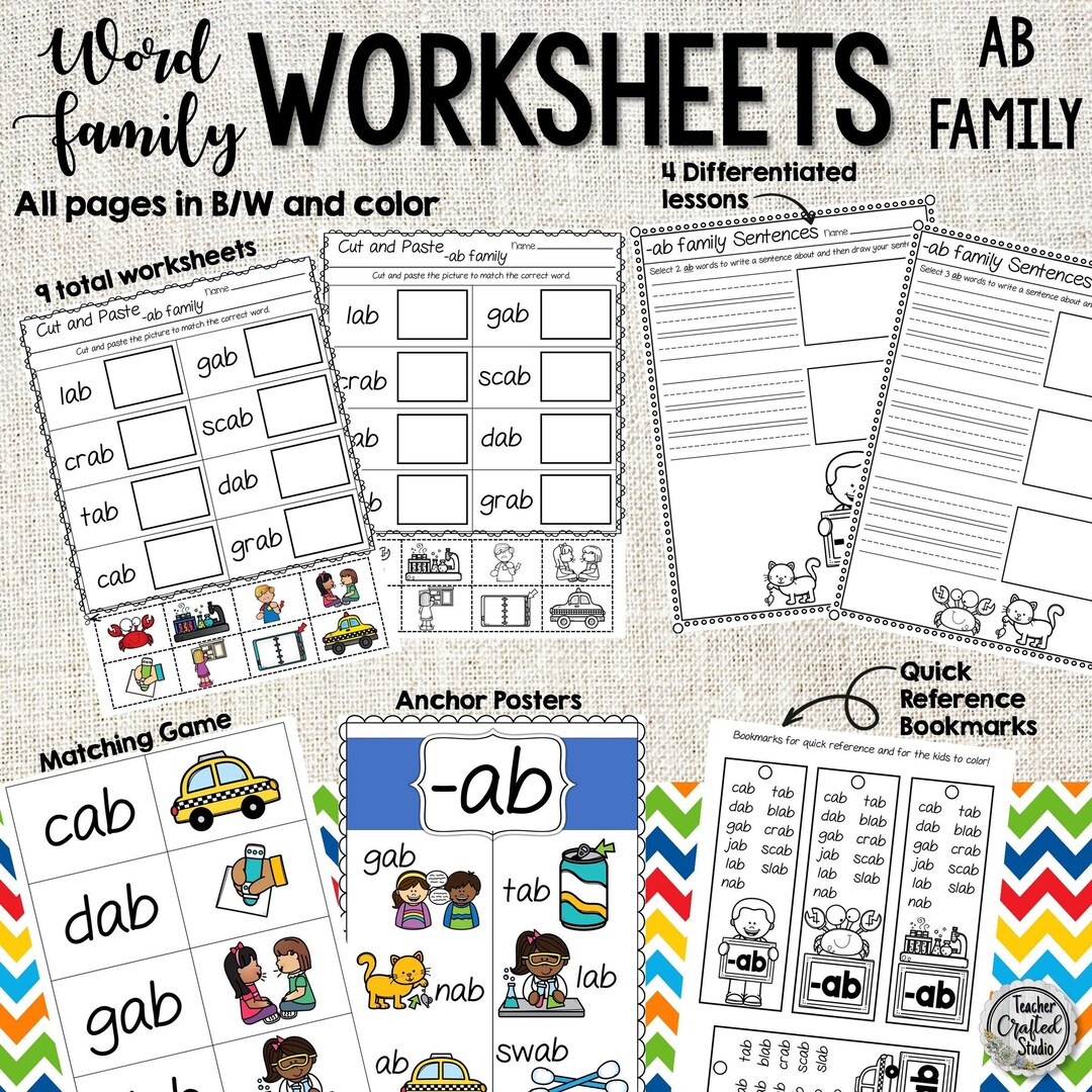 AB Word Family Worksheets and Activities | Phonics Practice | Posters ...