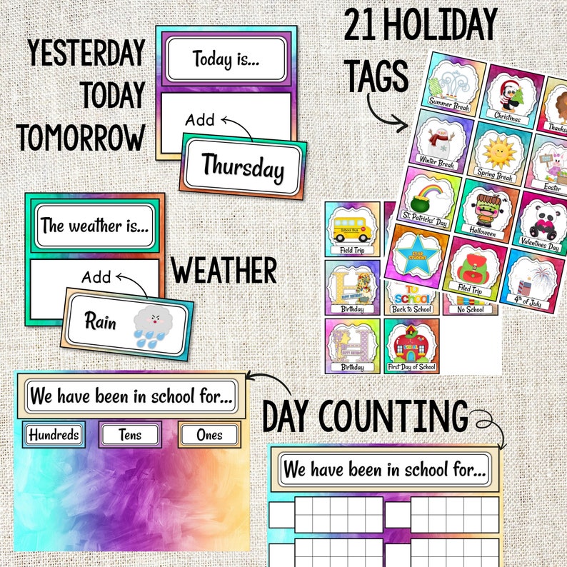 Watercolor Mega Calendar Set Classroom Calendar Pocket - Etsy