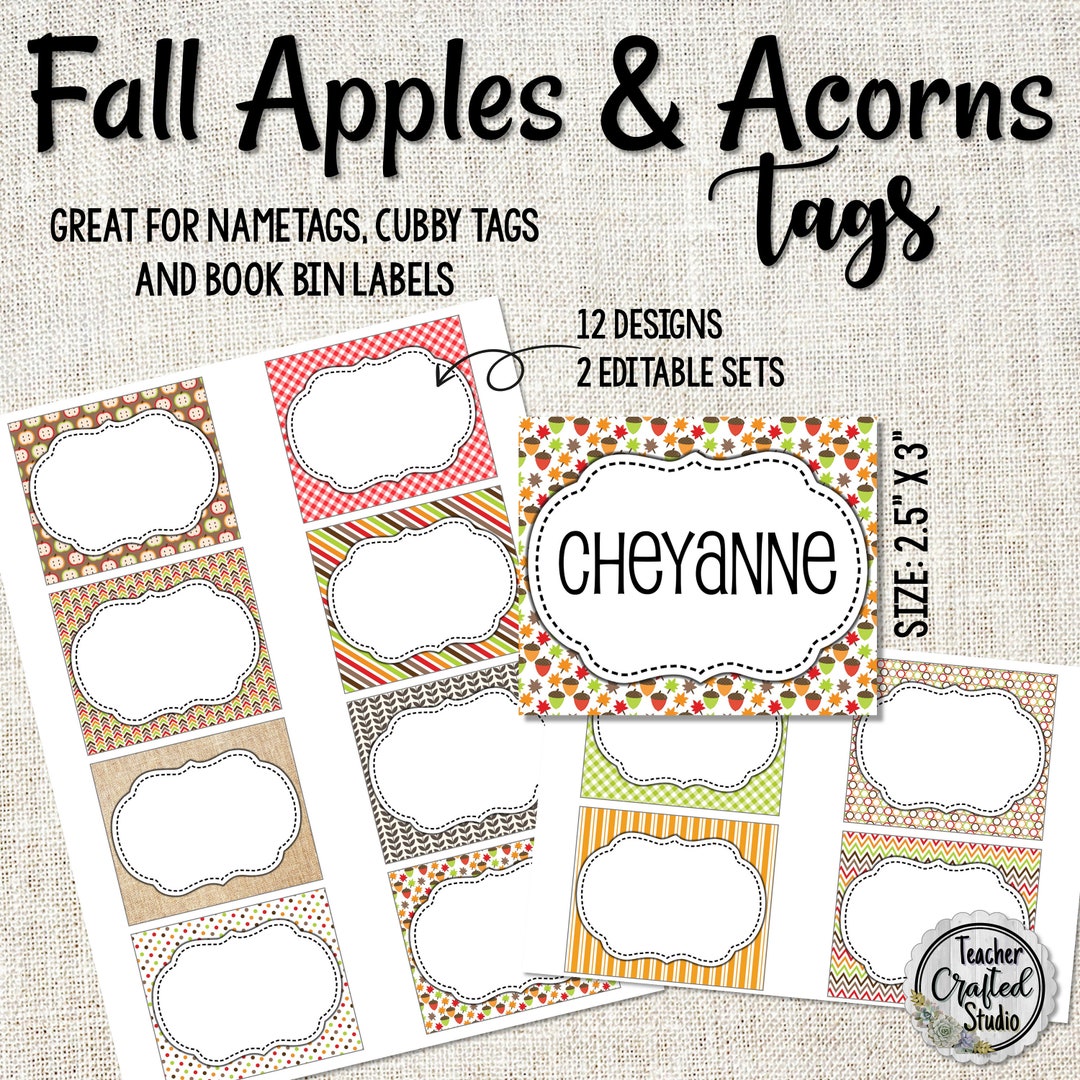 Printable Fall Apples and Acorns Tags - Editable Name Badge Tags ...