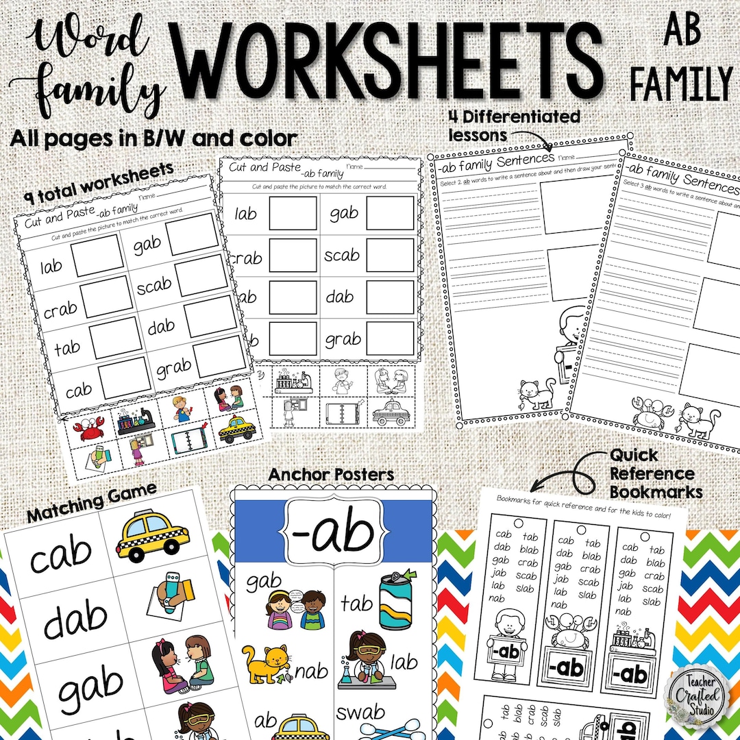 AB Word Family Worksheets and Activities | Phonics Practice | Posters ...