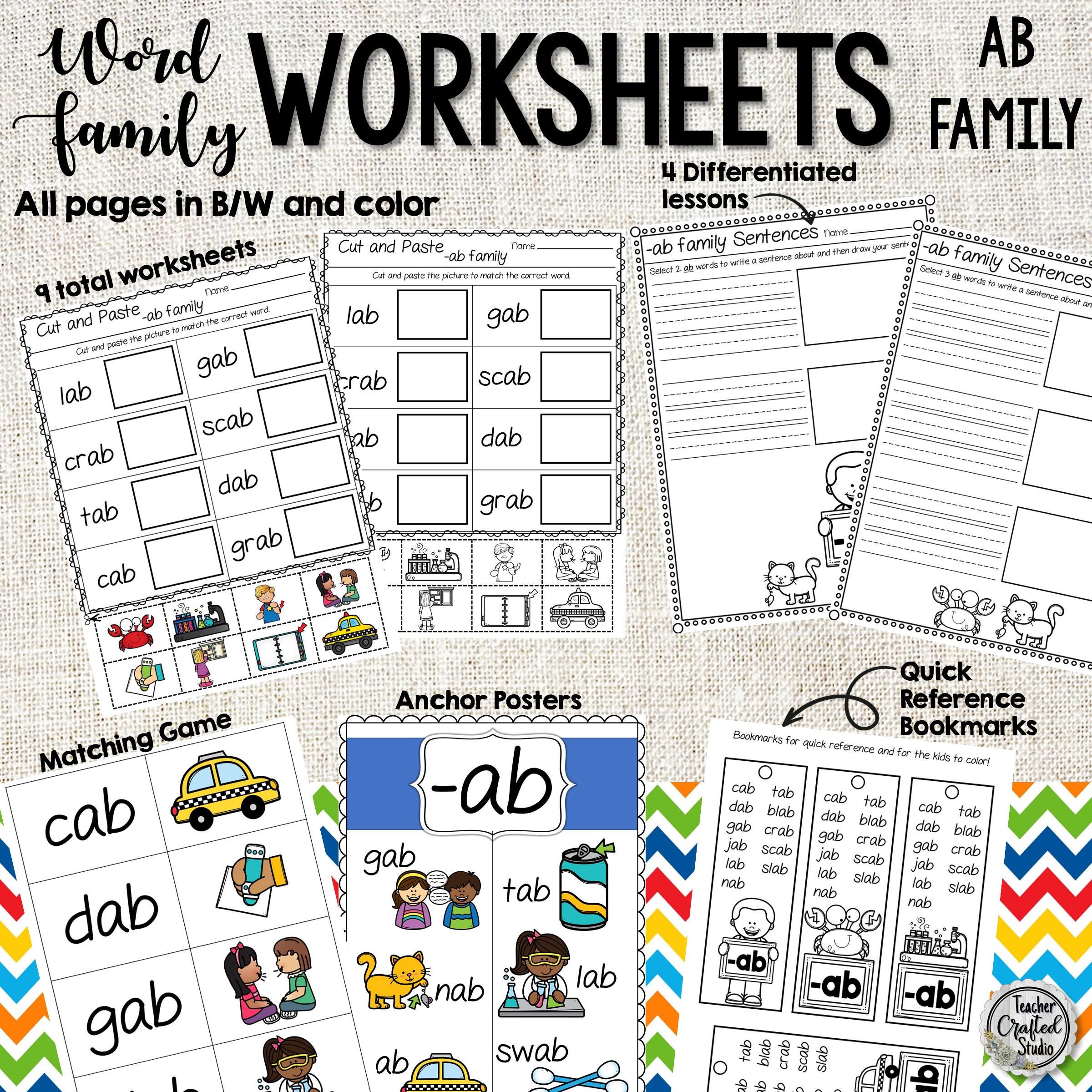 AB Word Family Worksheets and Activities | Phonics Practice | Posters ...