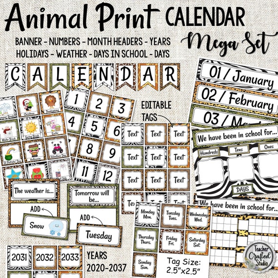 Animal Print Mega Calendar Set Classroom Calendar Pocket - Etsy