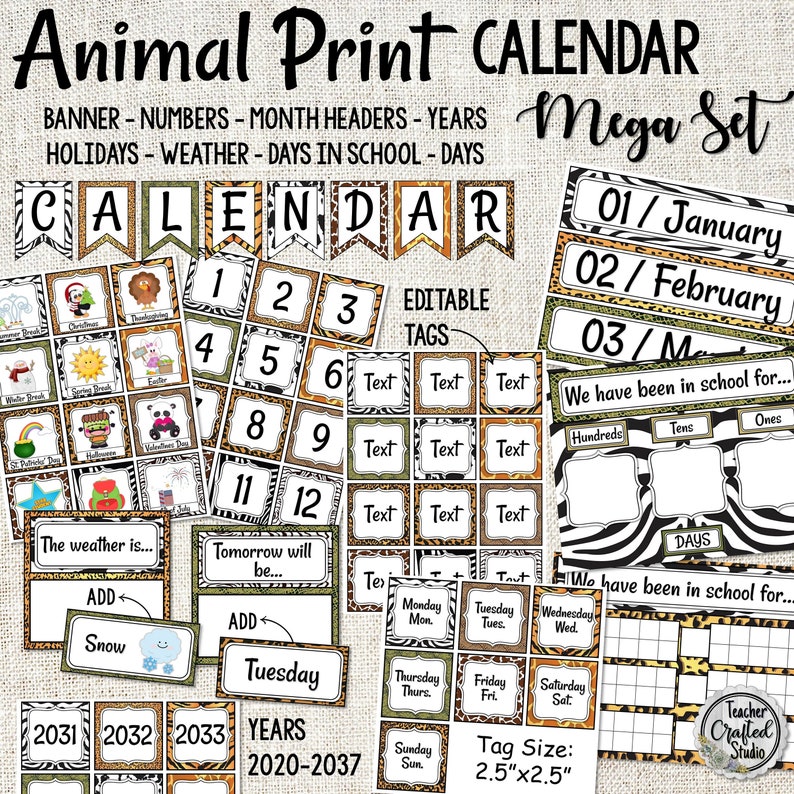 Animal Print Mega Calendar Set | Classroom Calendar | Pocket Calendar ...