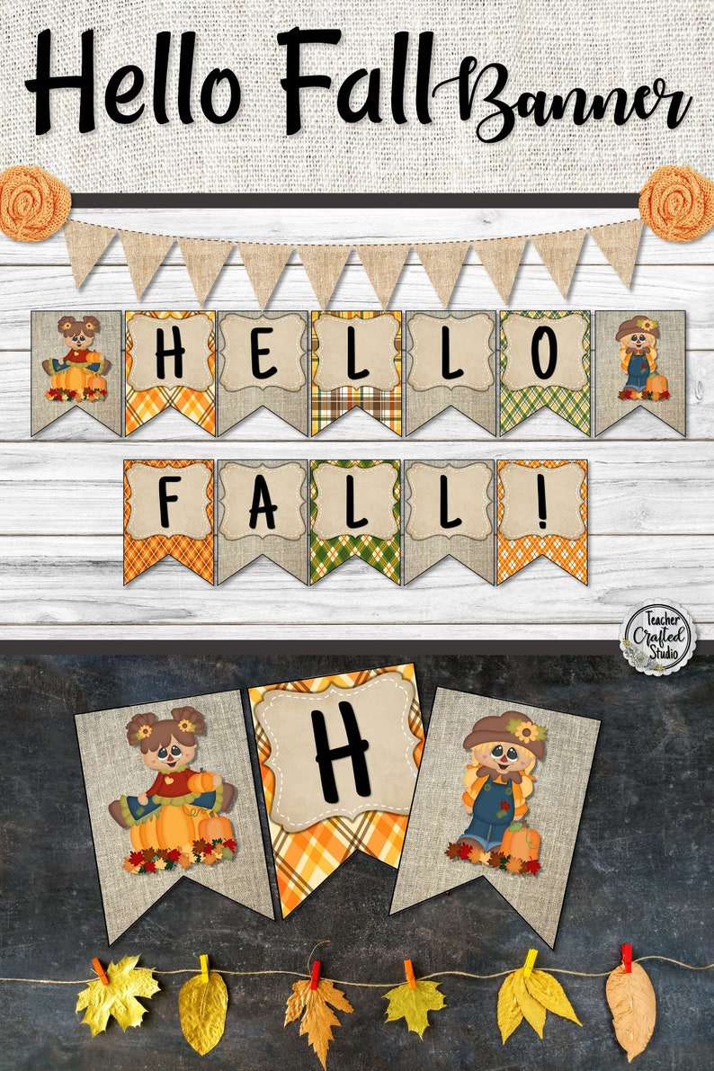 Printable Hello Fall Banner – Plaid & Burlap, Scarecrow Graphics ...