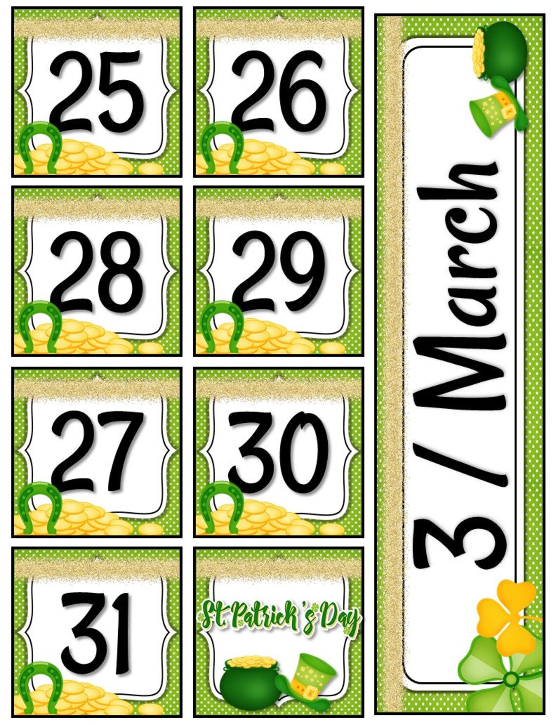Printable March Calendar Tag Set - Calendar Number Tags - St. Patricks ...