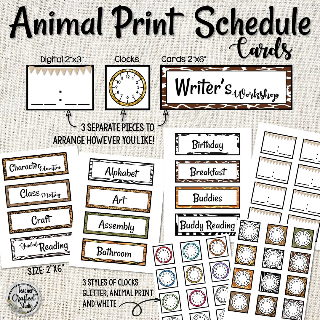 Animal Print Schedule Cards and Times Editable Classroom Schedule ...