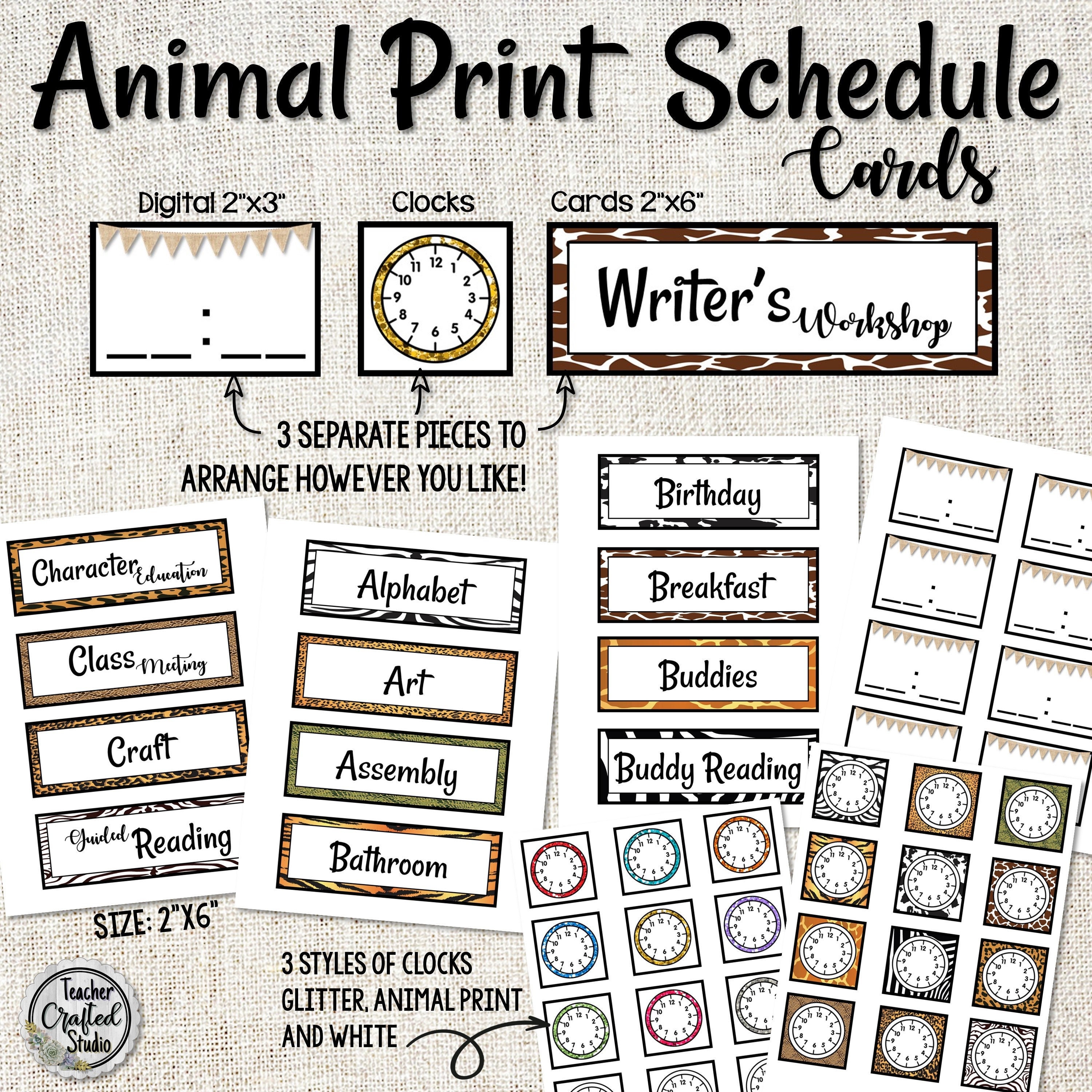 Animal Print Schedule Cards and Times - Editable Classroom Schedule ...