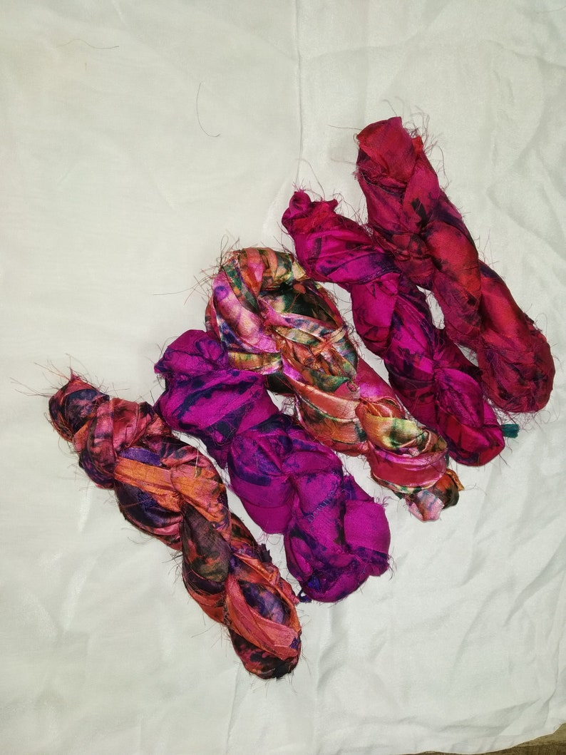 Recycled Sari Silk Ribbon pack of 5 Assorted Ribbon Yarns | Etsy