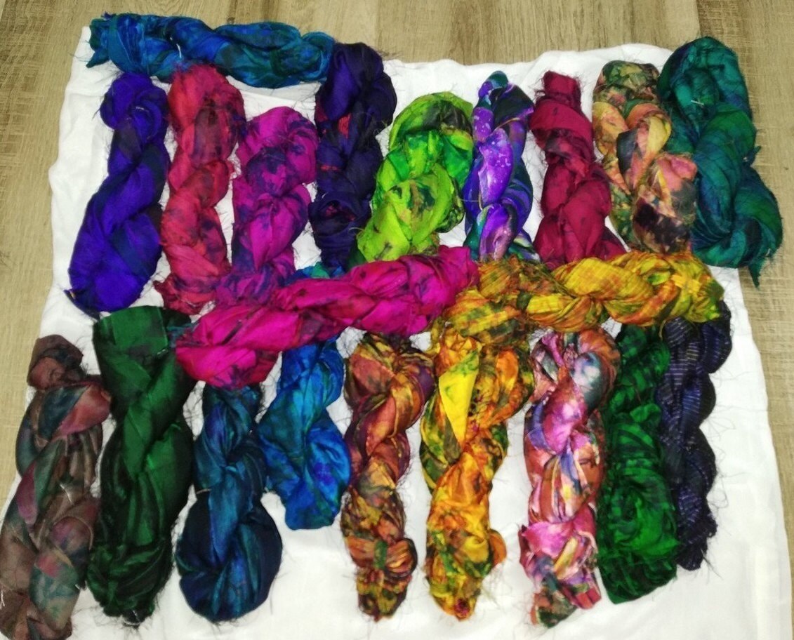 Recycled Sari Silk Ribbon pack of 5 Assorted Ribbon Yarns | Etsy