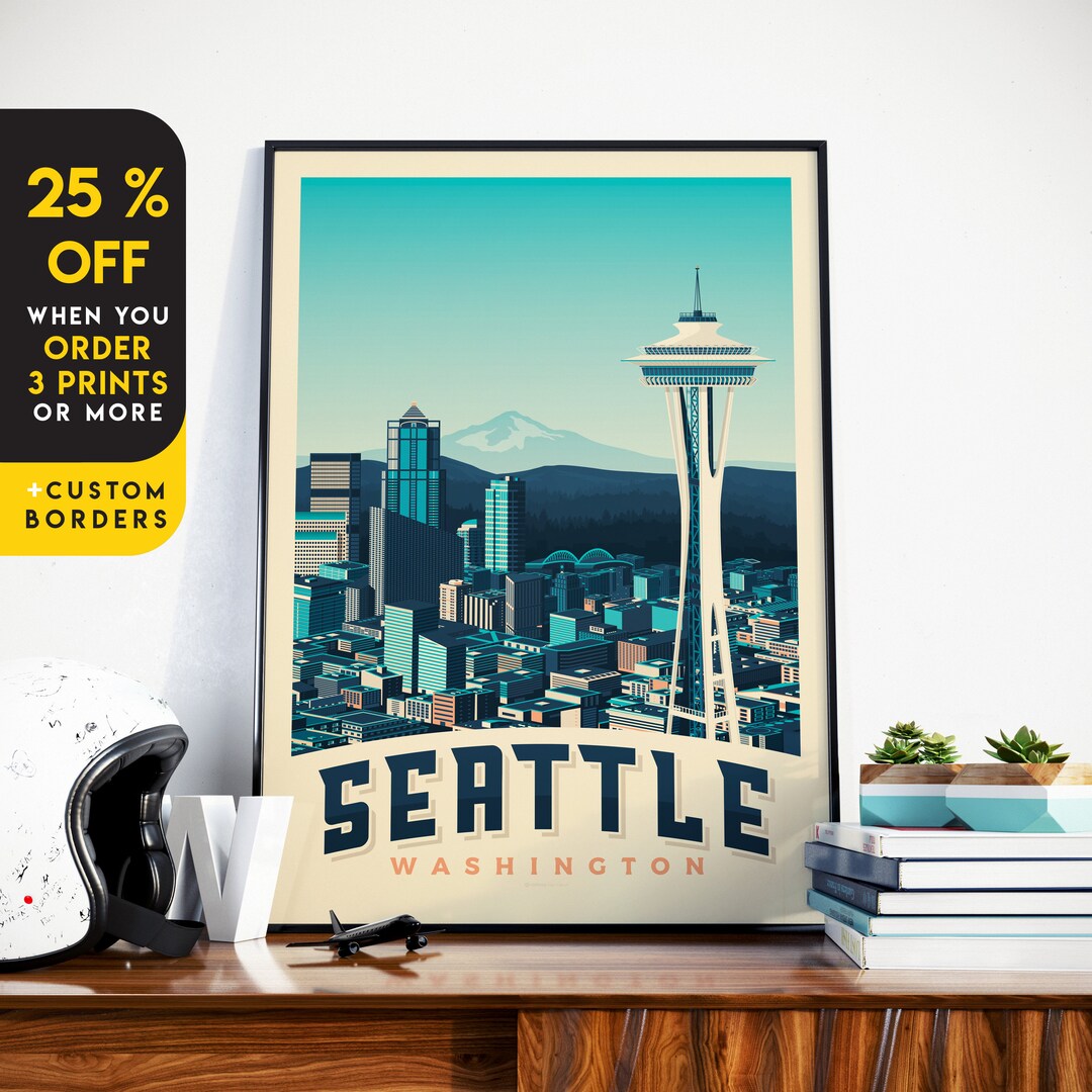 Seattle Art Print, Vintage Space Needle Travel Poster, Vintage City ...