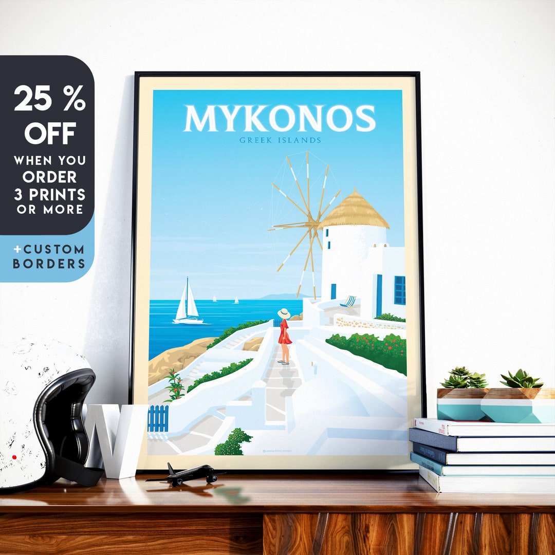 Mykonos Print, Vintage Mykonos Travel Poster, Greece Print, City ...