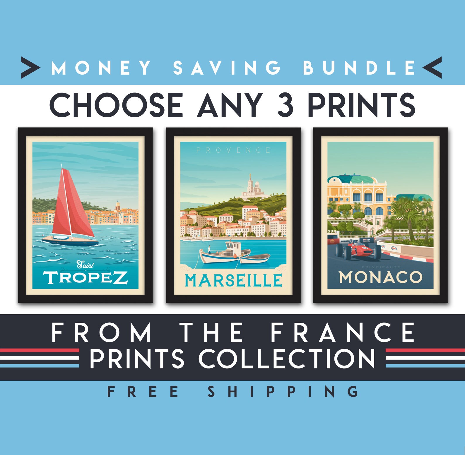 France Travel Poster Set of 3 Prints Minimalist Landscape - Etsy