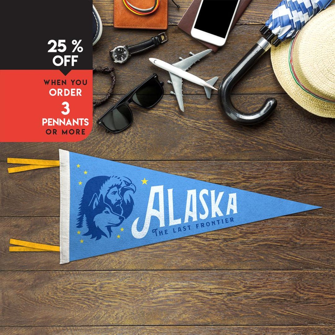 Alaska Felt Vintage Pennant Flag | Mountain Forest Art | Adventure Sign ...