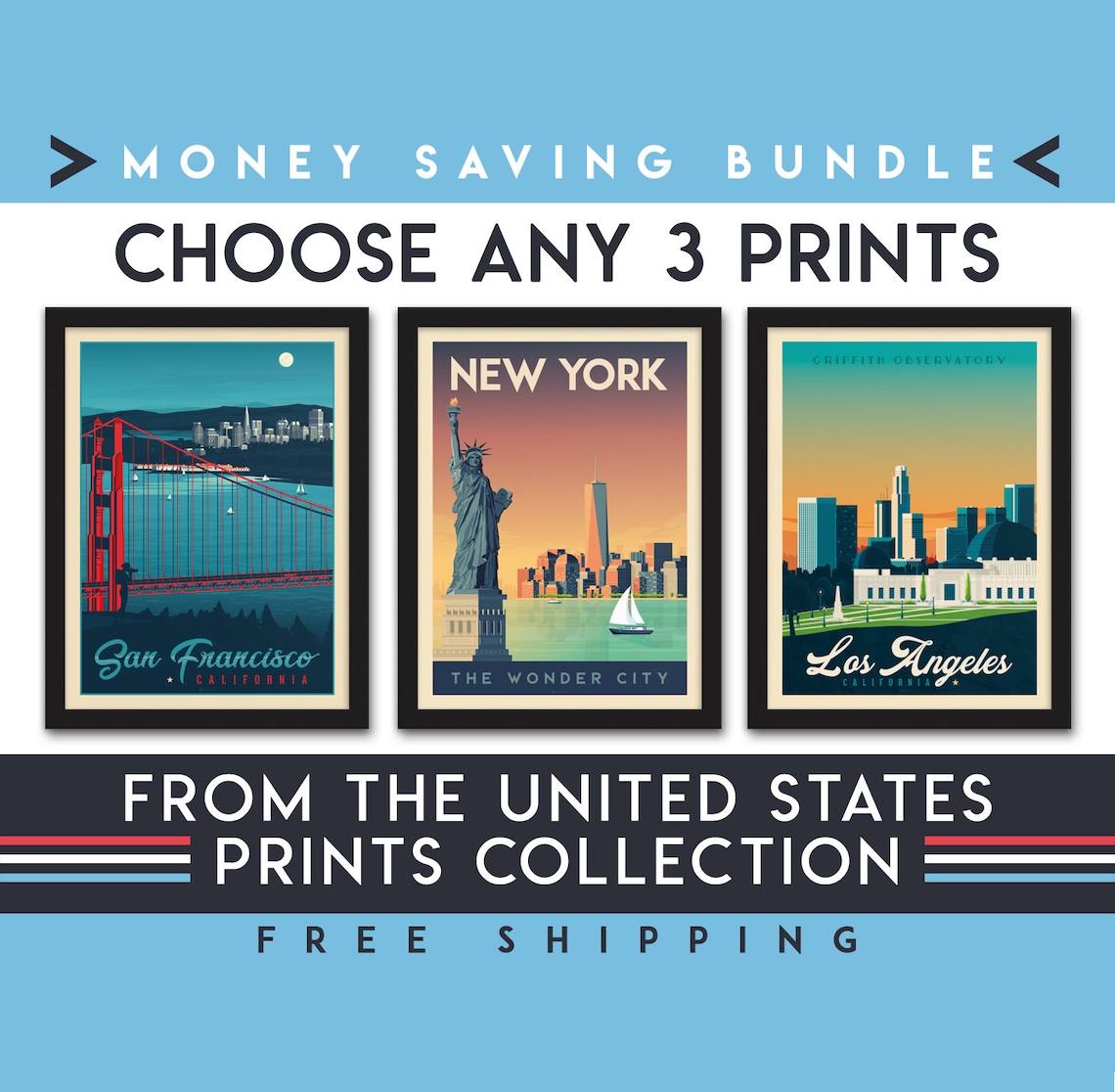 United States Travel Poster Set of 3 Prints Minimalist - Etsy