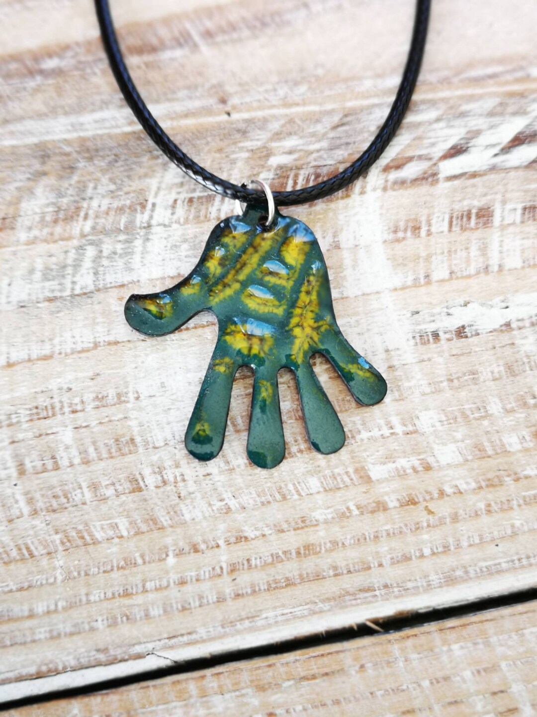 Healing Hand Pendant, Helping Hand Necklace, Jade and Yellow Enamelled ...