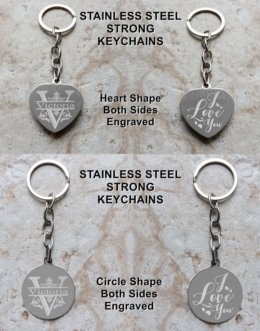 Keychain Keyring Custom Engraved Heart Circle Shape Stainless Steel ...