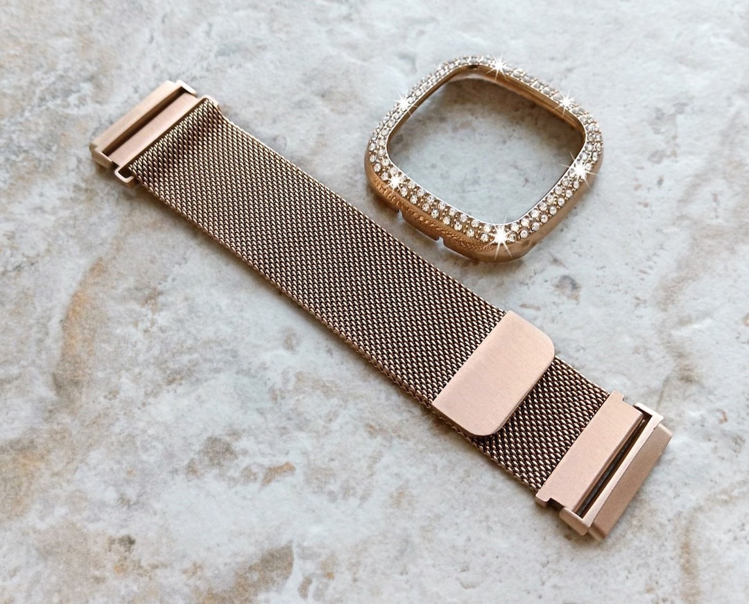 Fitbit Watch Rose Gold Color Band Set Crystal Bezel Bling Case Cover ...