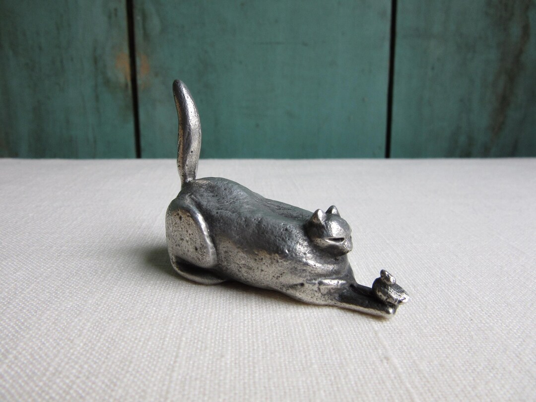Miniature Pewter Cat W/ Bird Figurine, Miniature Pewter Fat Cat, Cute ...