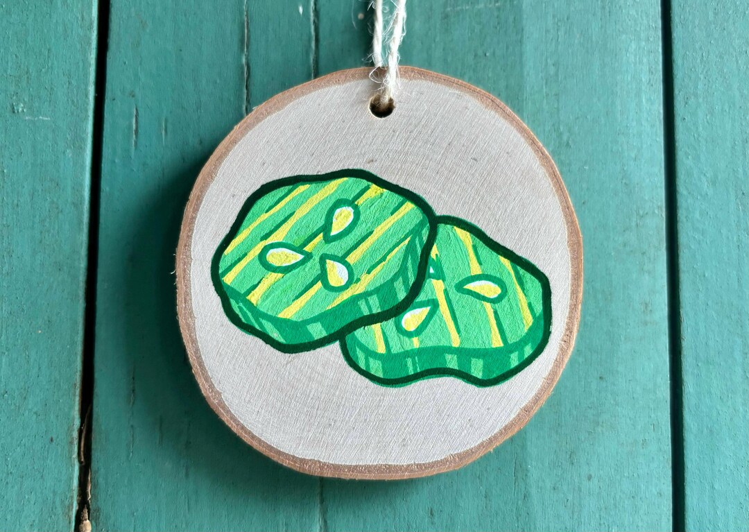 Pickle Slices Wood Slice Painting, Original Tiny Handmade Wall Hanging ...
