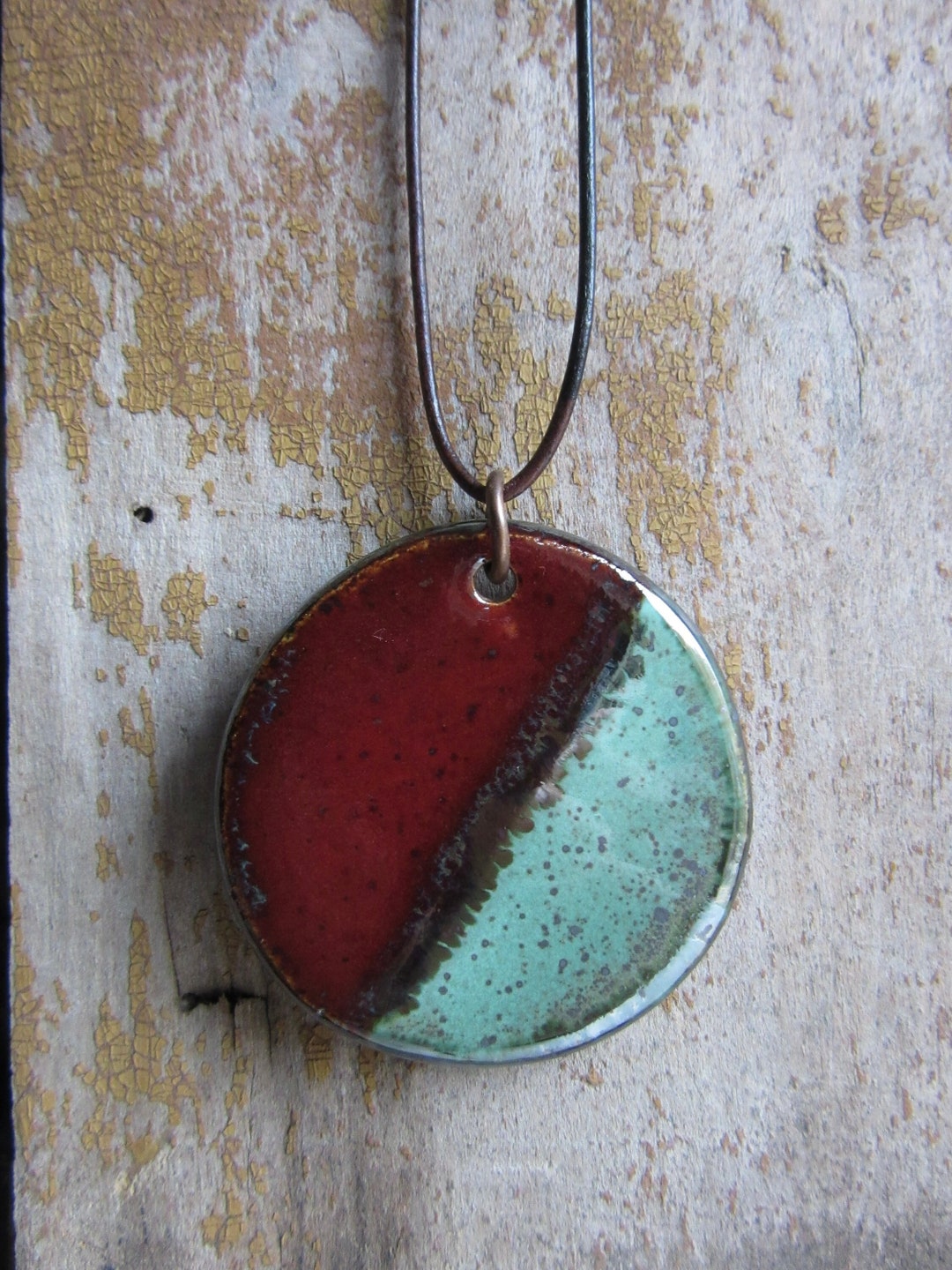 Handmade Stoneware Pendant Necklace. Ceramic Round Burgundy Green ...
