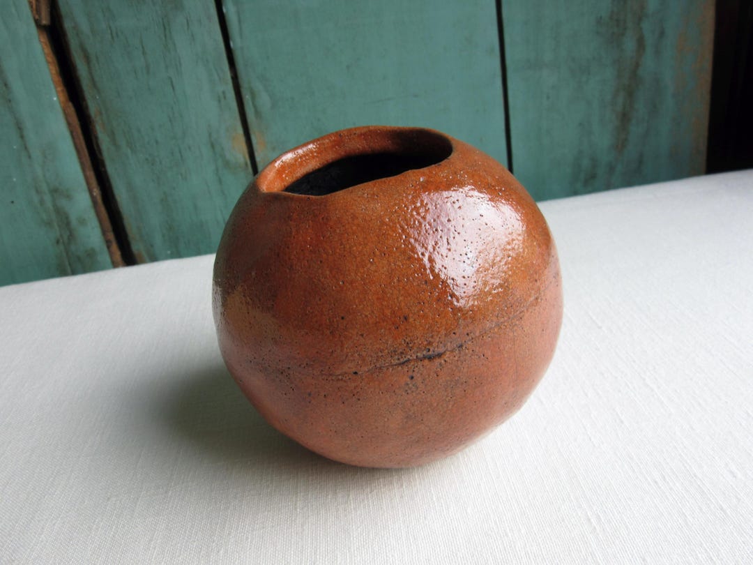 Burnt Orange Raku Ceramic Hand Built Ball Vase, 4" Round Raku Ball Pot ...