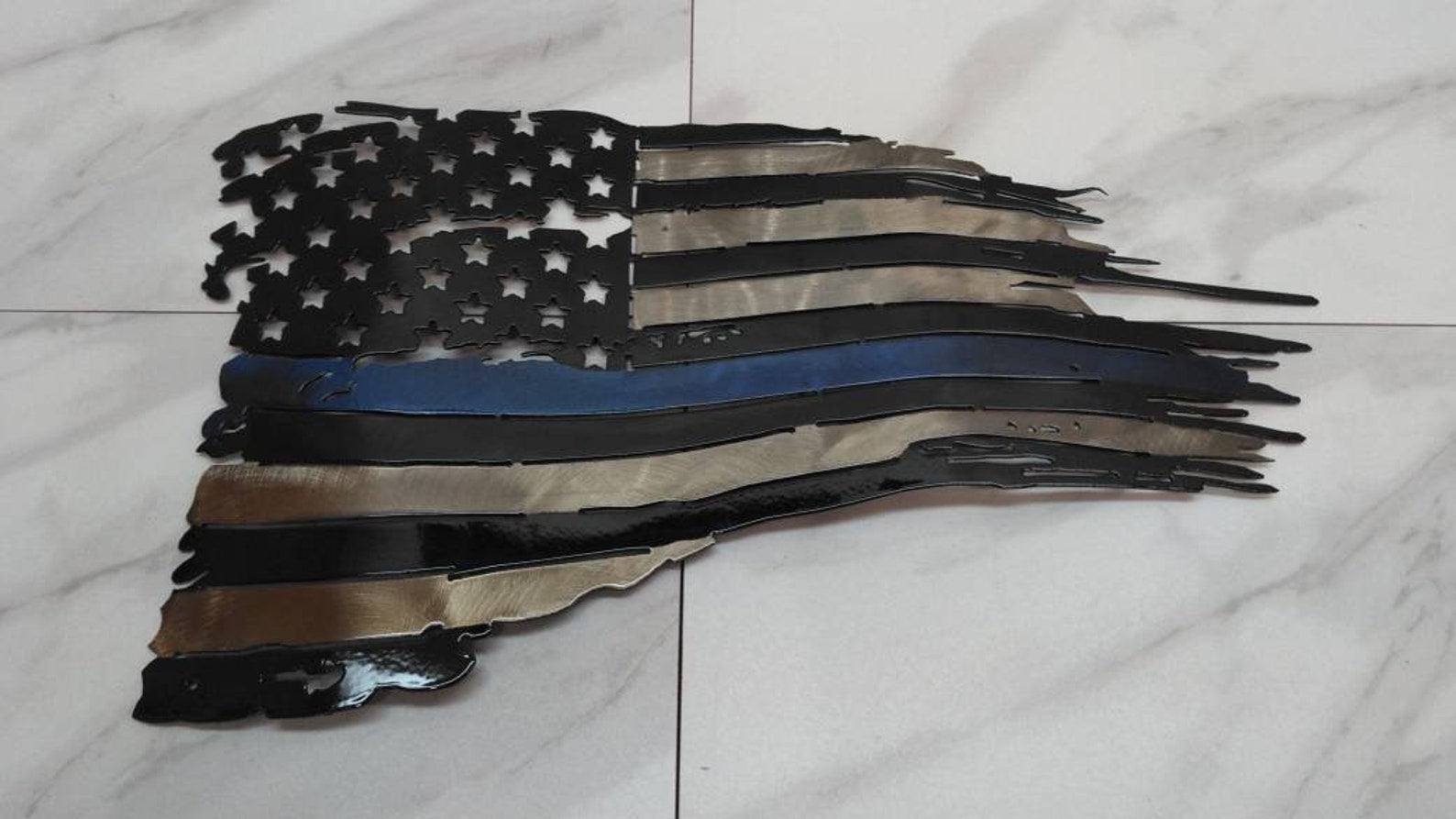14" Tattered Flag - Thin Blue Line - Police - Metal Art - Powder Coated ...