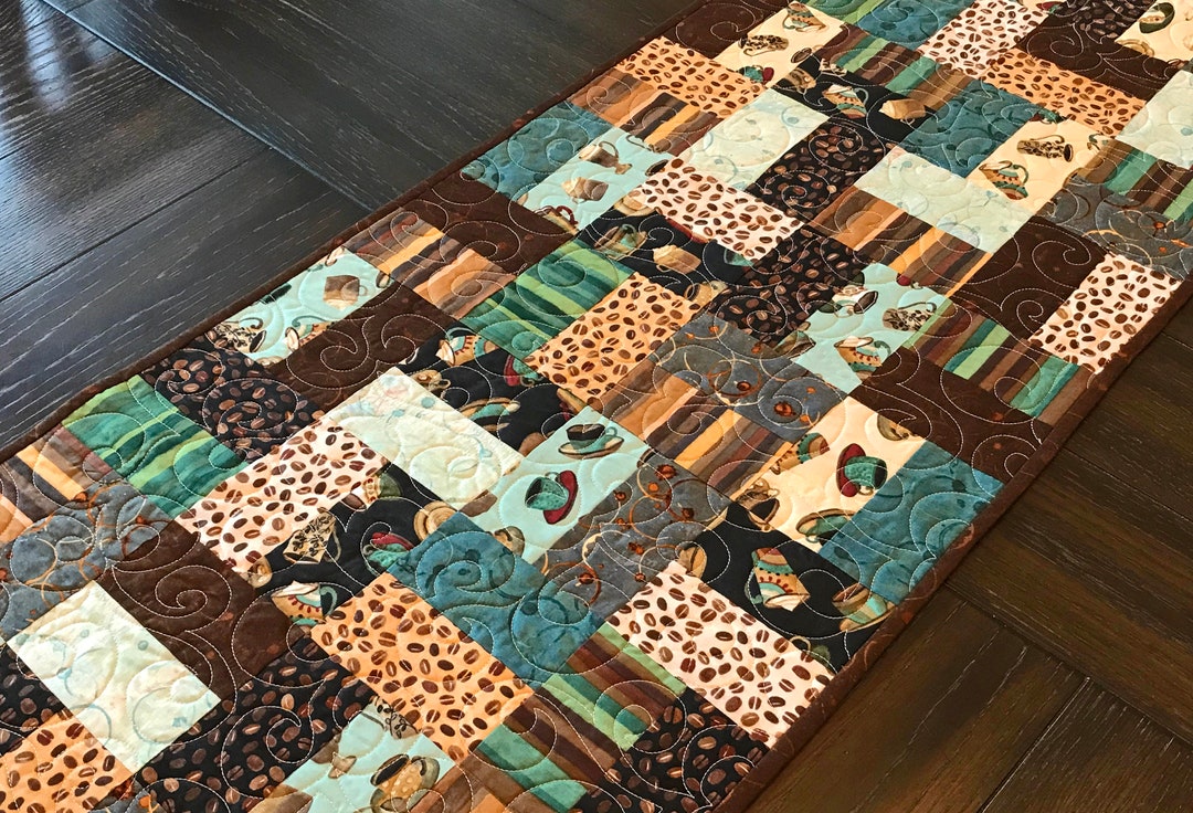 Teal and Brown Coffee Themed Table Runner, Coffee Table Runner, Teal ...