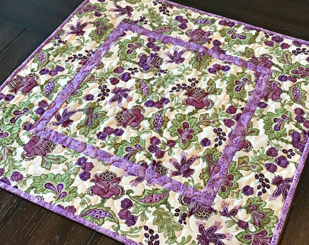 Purple and Green Jacobean Floral Table Topper, Quilted Purple Green ...