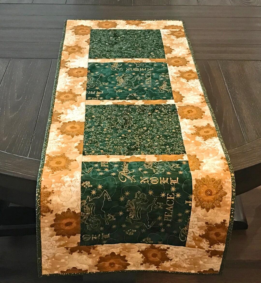 Green and Gold Batik Snowflake Christmas Table Runner, Quilted ...