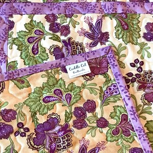 Purple and Green Jacobean Floral Table Topper, Quilted Purple Green ...